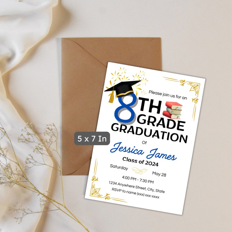 8th Grade Graduation Invitation, Black and Gold, Promotion Invites ...