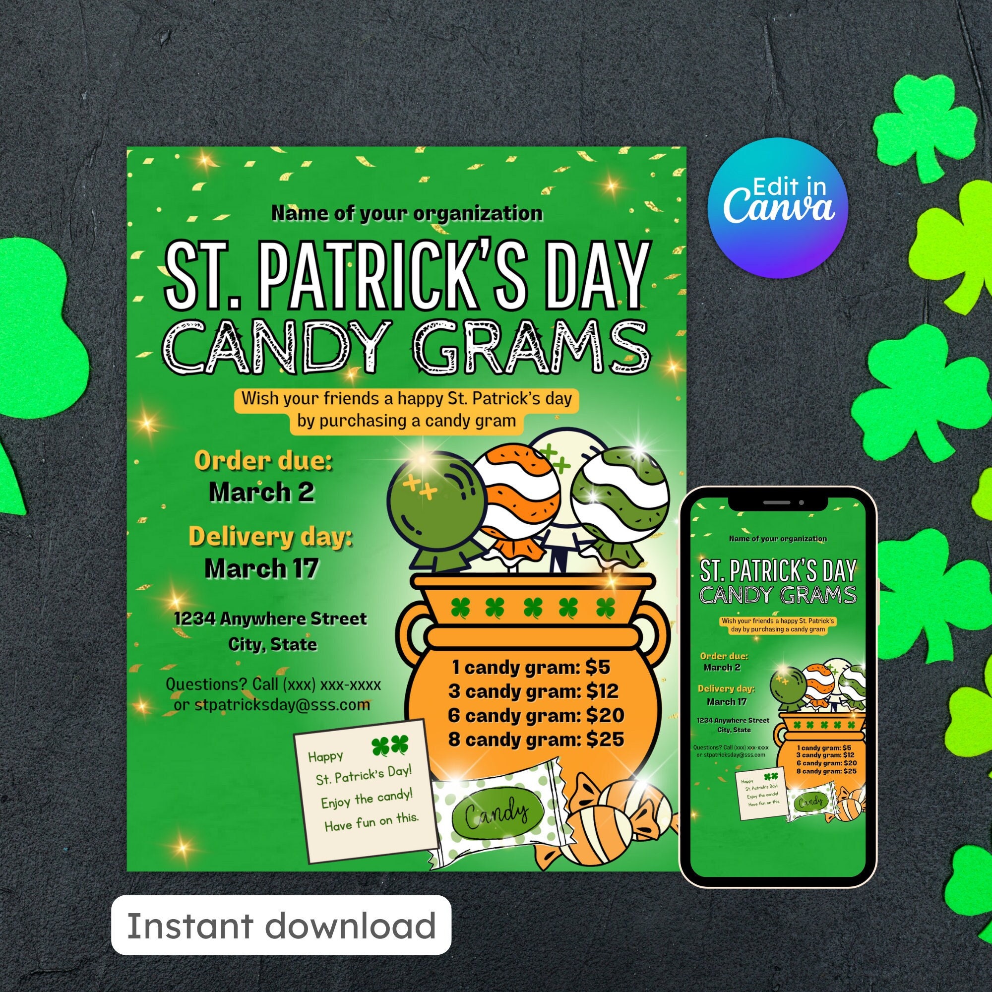 St. Patrick's Day Candy Grams Flyer, Fundraiser Template, Family School ...