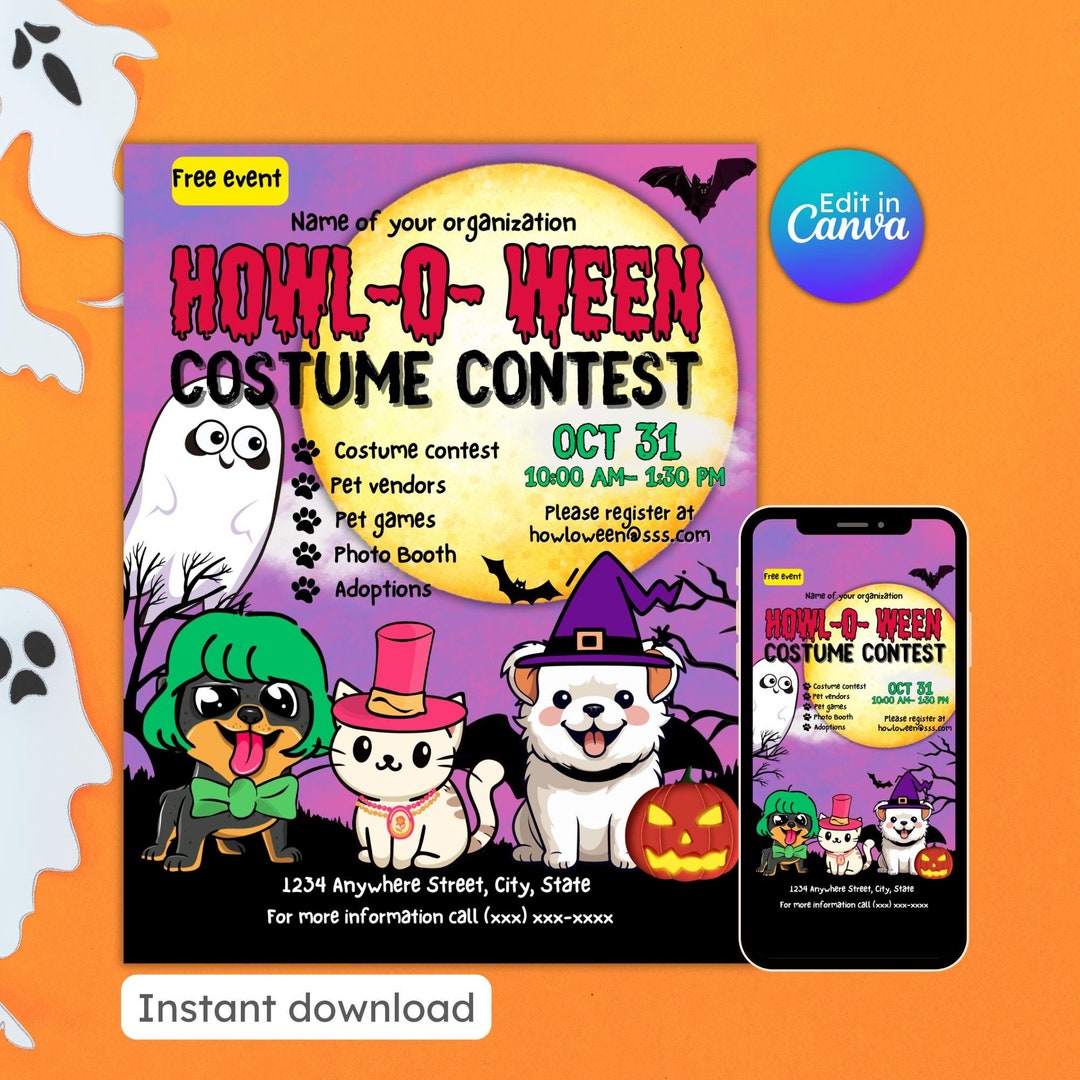 Howl-o-ween Costume Contest Flyer, Pet Costume, Animal Fundraiser, Dog ...