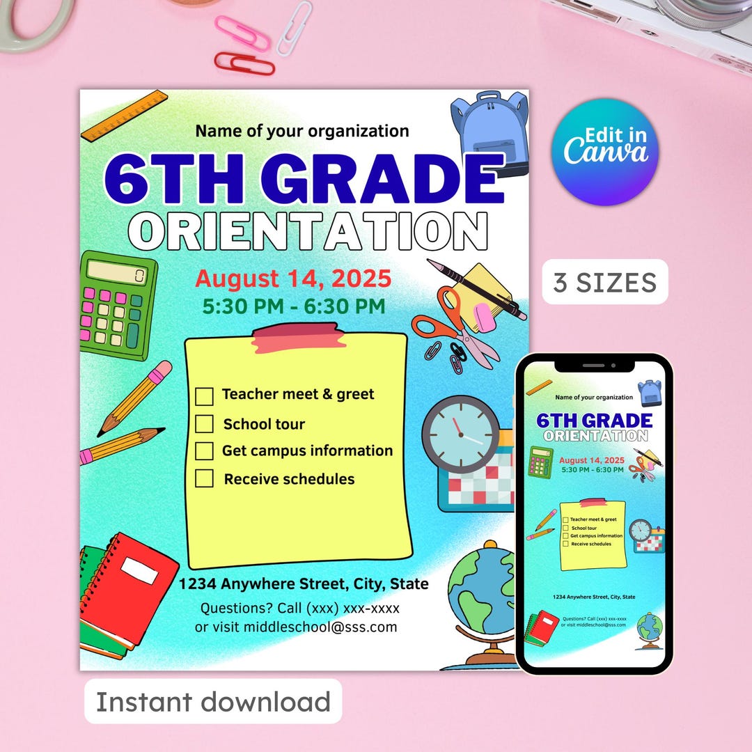 Middle School Orientation Flyer, 6th Grade Orientation, First Day of ...