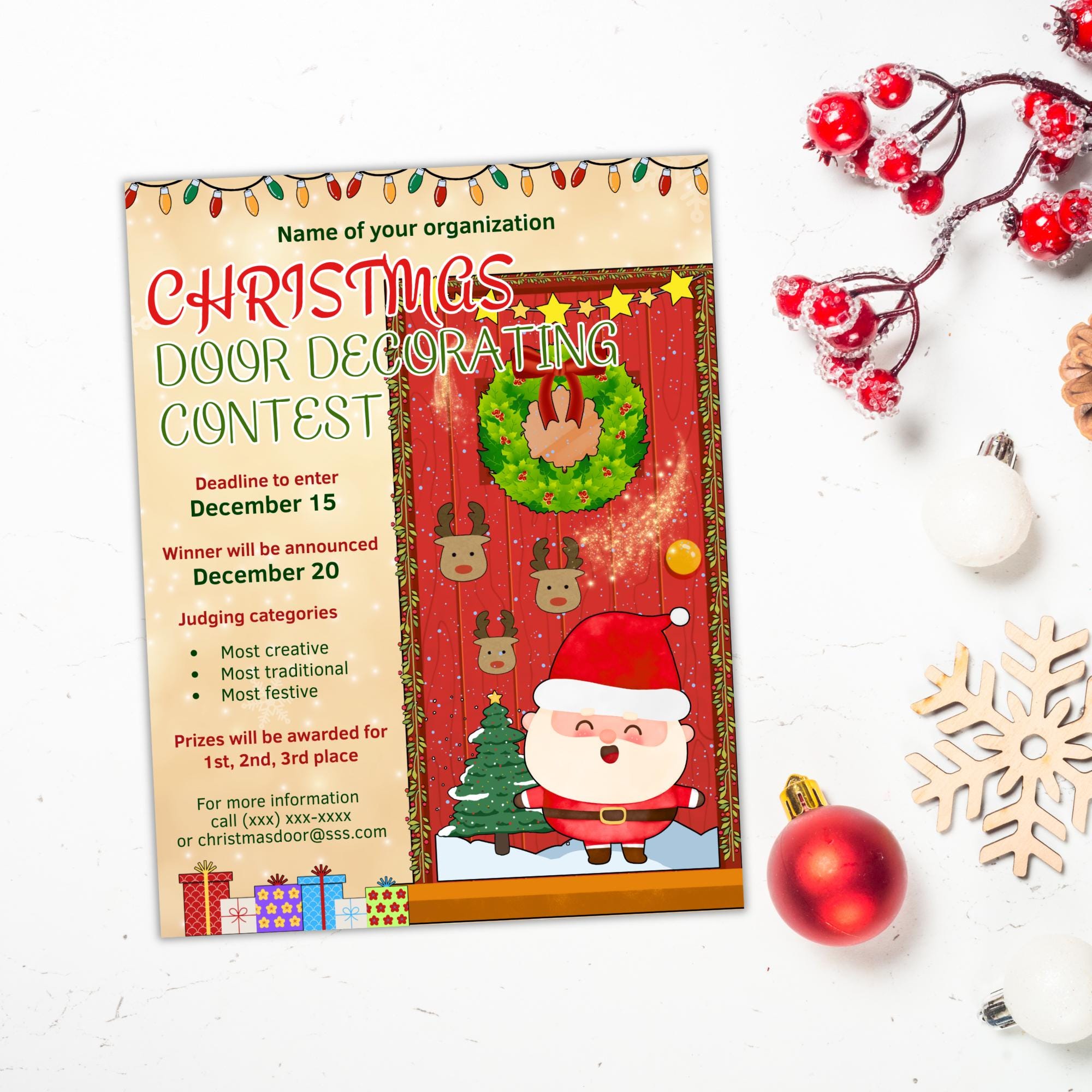 Christmas Door Decorating Contest Flyer, Photos With Santa, Kids ...