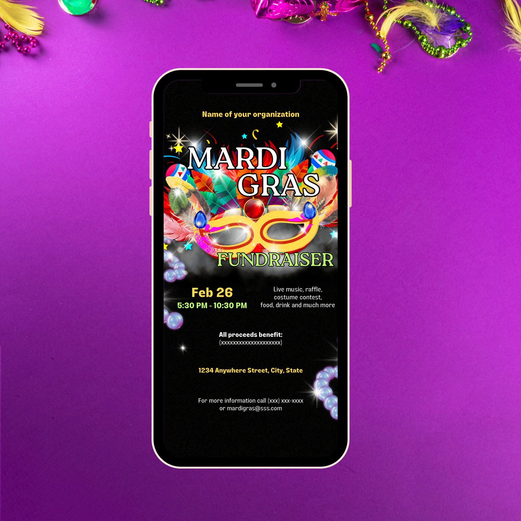 Mardi Gras Fundraiser Flyer Masquerade Ball Formal Gala Event School ...