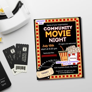Community Movie Night Flyer, School Fundraiser, Cinema Film Invite ...