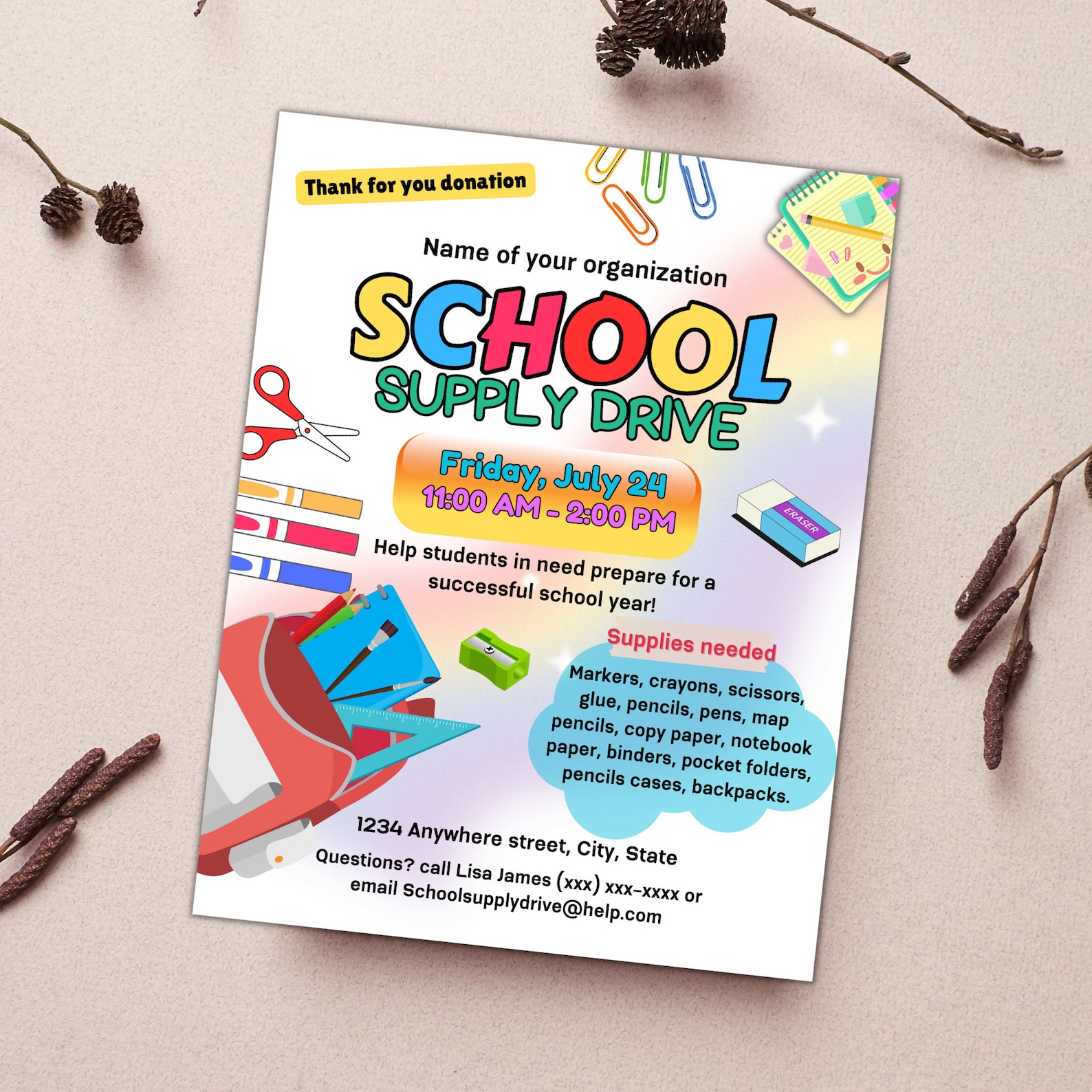 School Supply Drive Flyer, Back to School, Pto Pta Flyer, Fundraiser ...