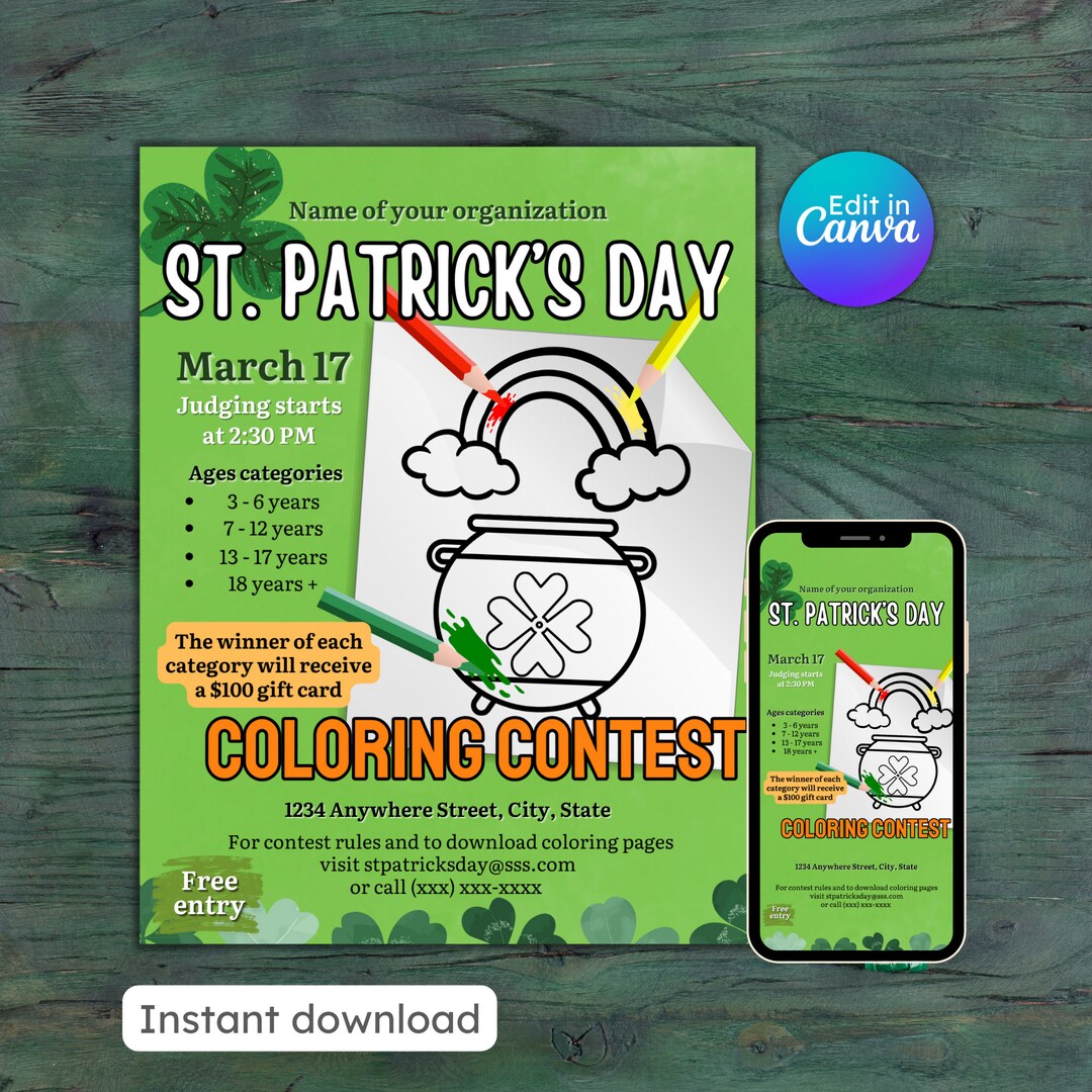 St. Patrick's Day Coloring Contest Flyer, Coloring Activity, St ...