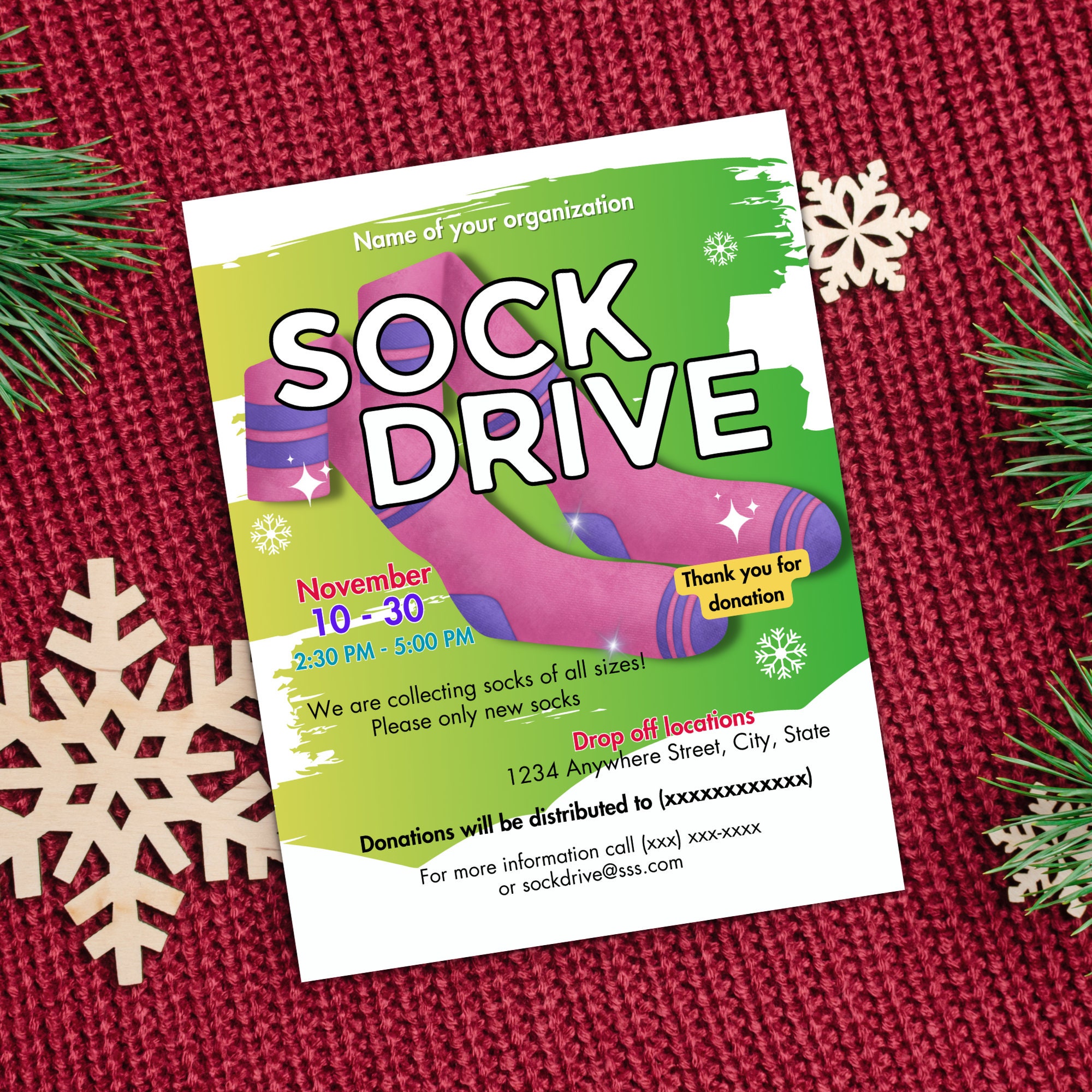 Sock Drive Flyer, Winter Clothing, Homeless Shelter, Charity Nonprofit ...