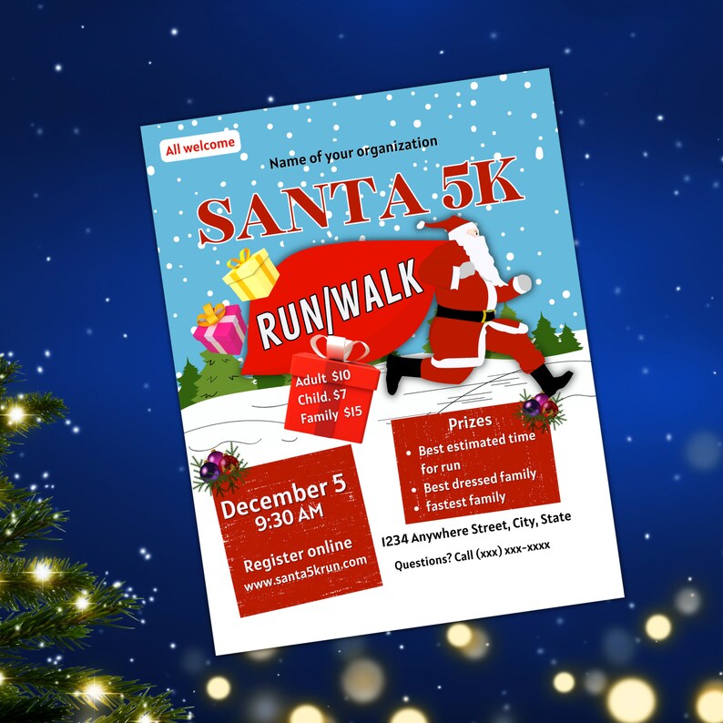 Santa 5k Run/walk Flyer Holiday Community 5k 10k Run Walk Xmas Party ...