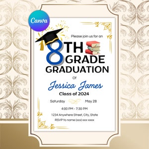 8th Grade Graduation Invitation, Black and Gold, Promotion Invites ...