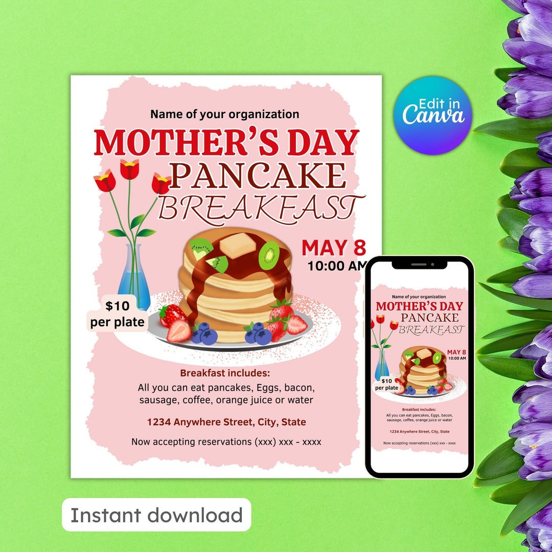 Mother's Day Pancake Breakfast Flyer, School Pto Pta, Breakfast With ...