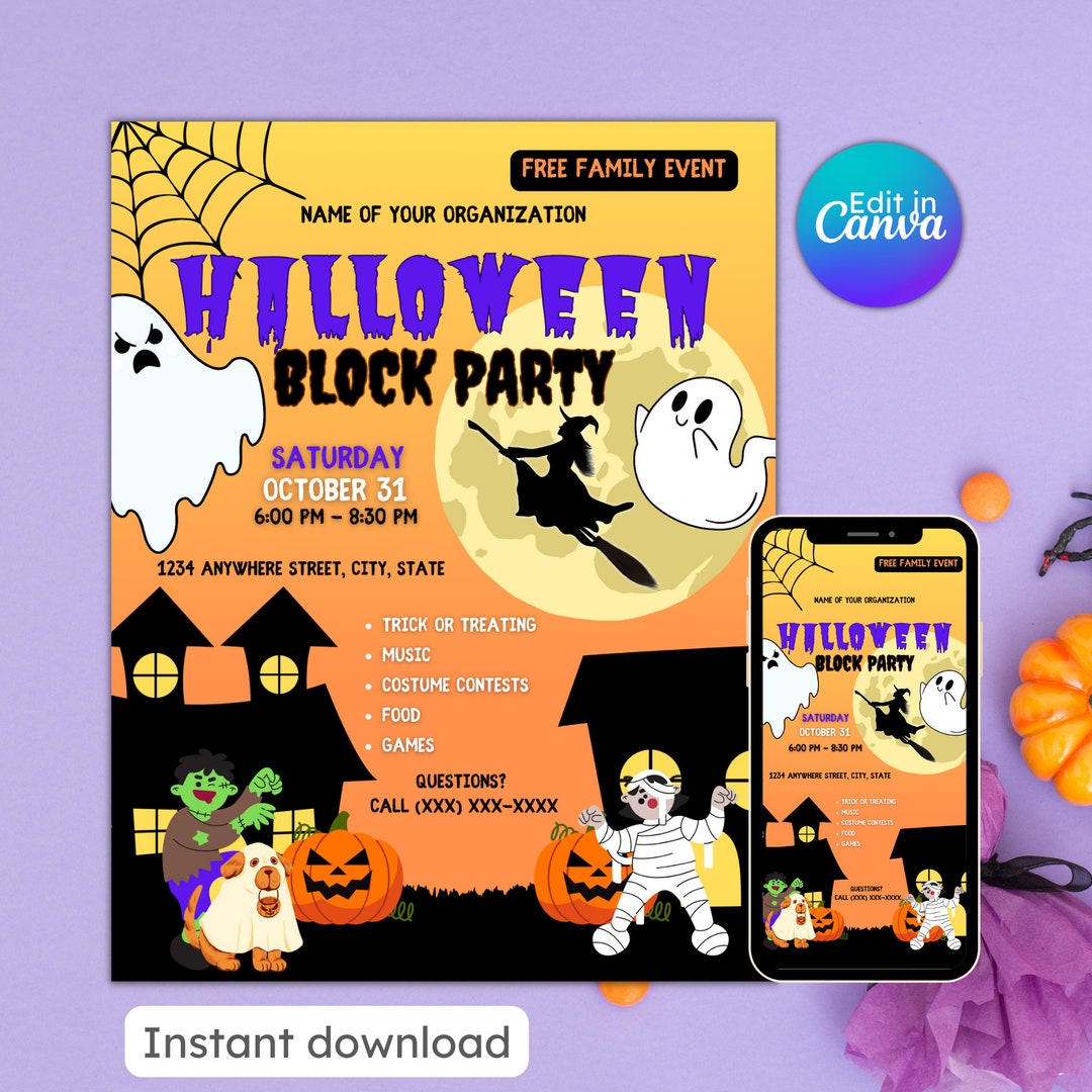 Halloween Block Party Flyer Trick or Treat Fall Festival Kids Halloween ...