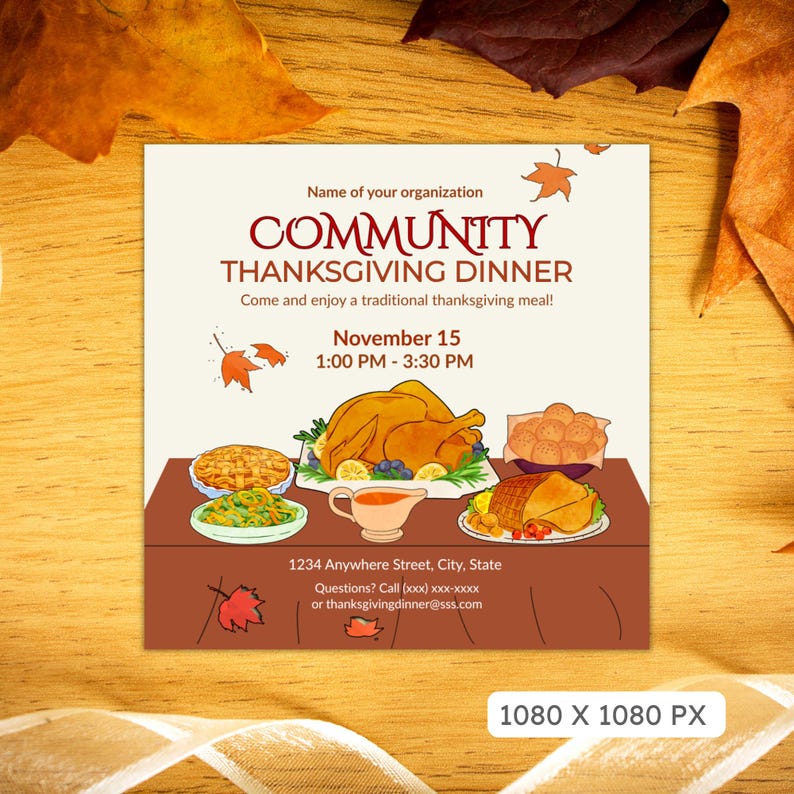 Community Thanksgiving Dinner Flyer, Turkey Dinner, Potluck Invite ...