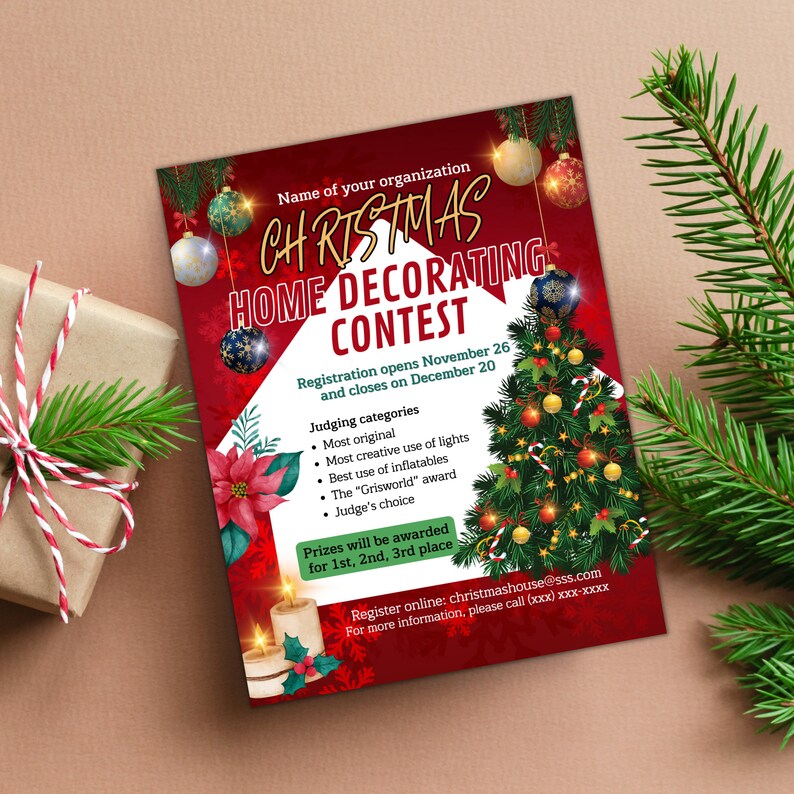 Christmas Home Decorating Contest Flyer, Holiday Invitation, School Pto ...