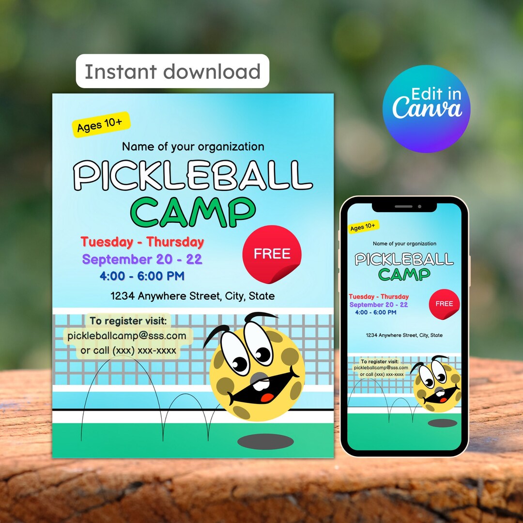 Pickleball Camp Flyer, Tournament Template, Competition, Customizable ...