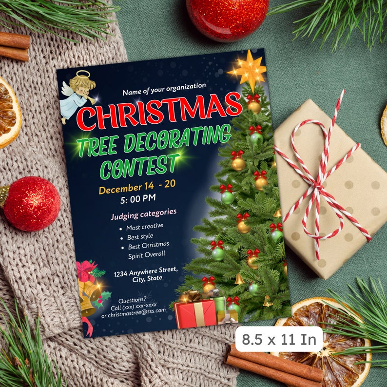 Christmas Tree Decorating Contest Flyer, Holiday Ornament, Decorated ...