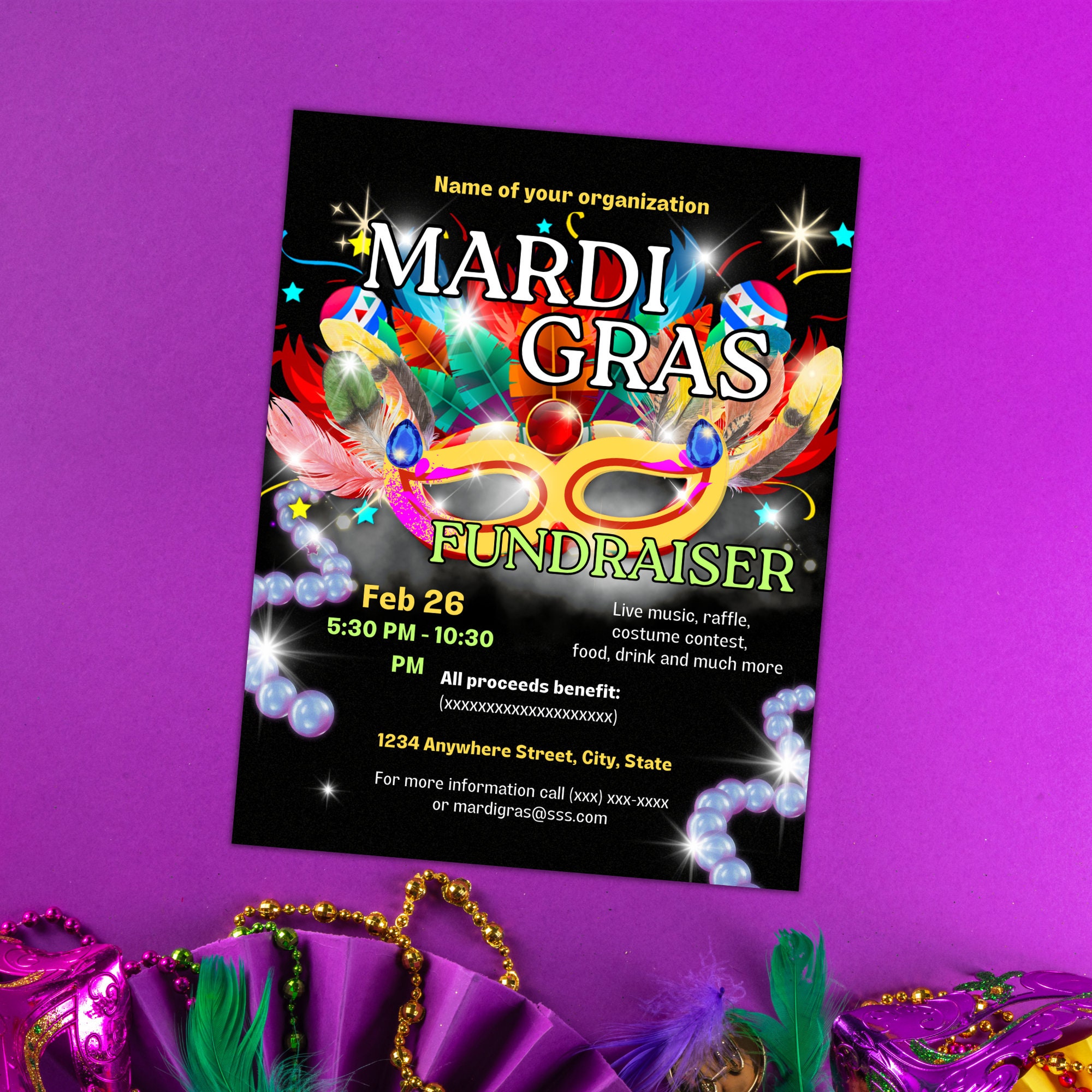 Mardi Gras Fundraiser Flyer Masquerade Ball Formal Gala Event School ...