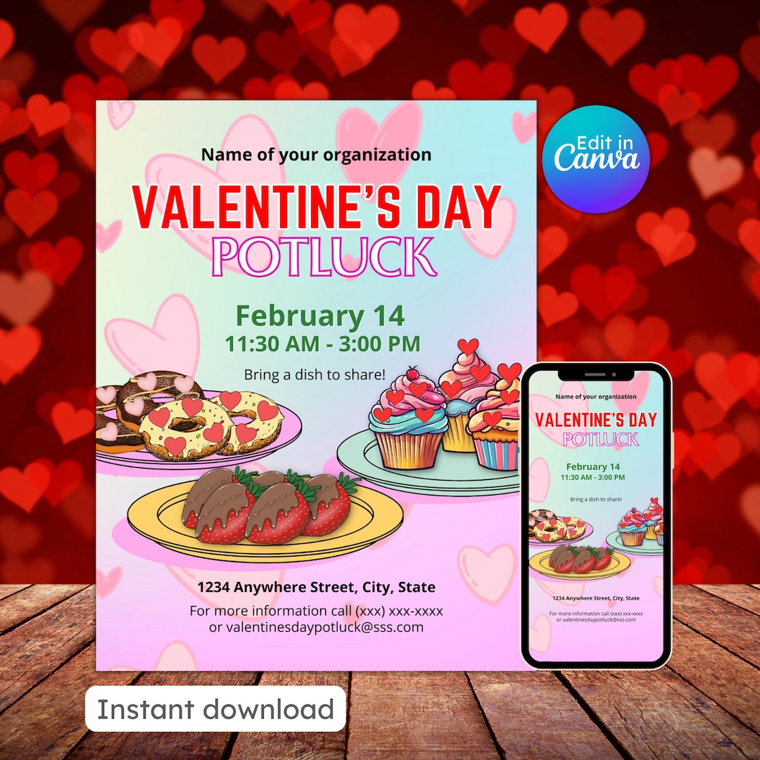 Valentine's Day Potluck Flyer, Office Party, Potluck Luncheon Invite ...
