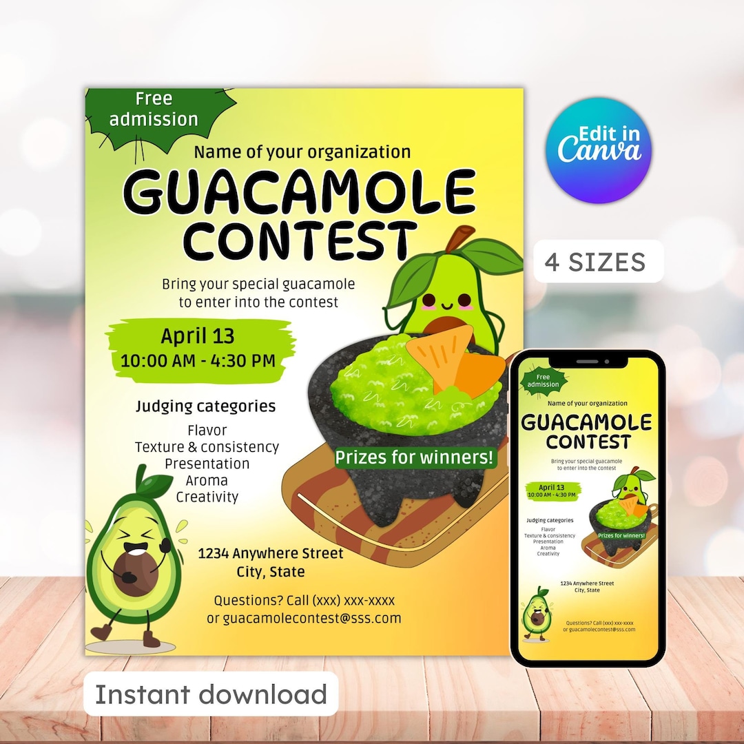 Guacamole Contest Flyer: Editable Avocado Birthday Invitation (digital ...