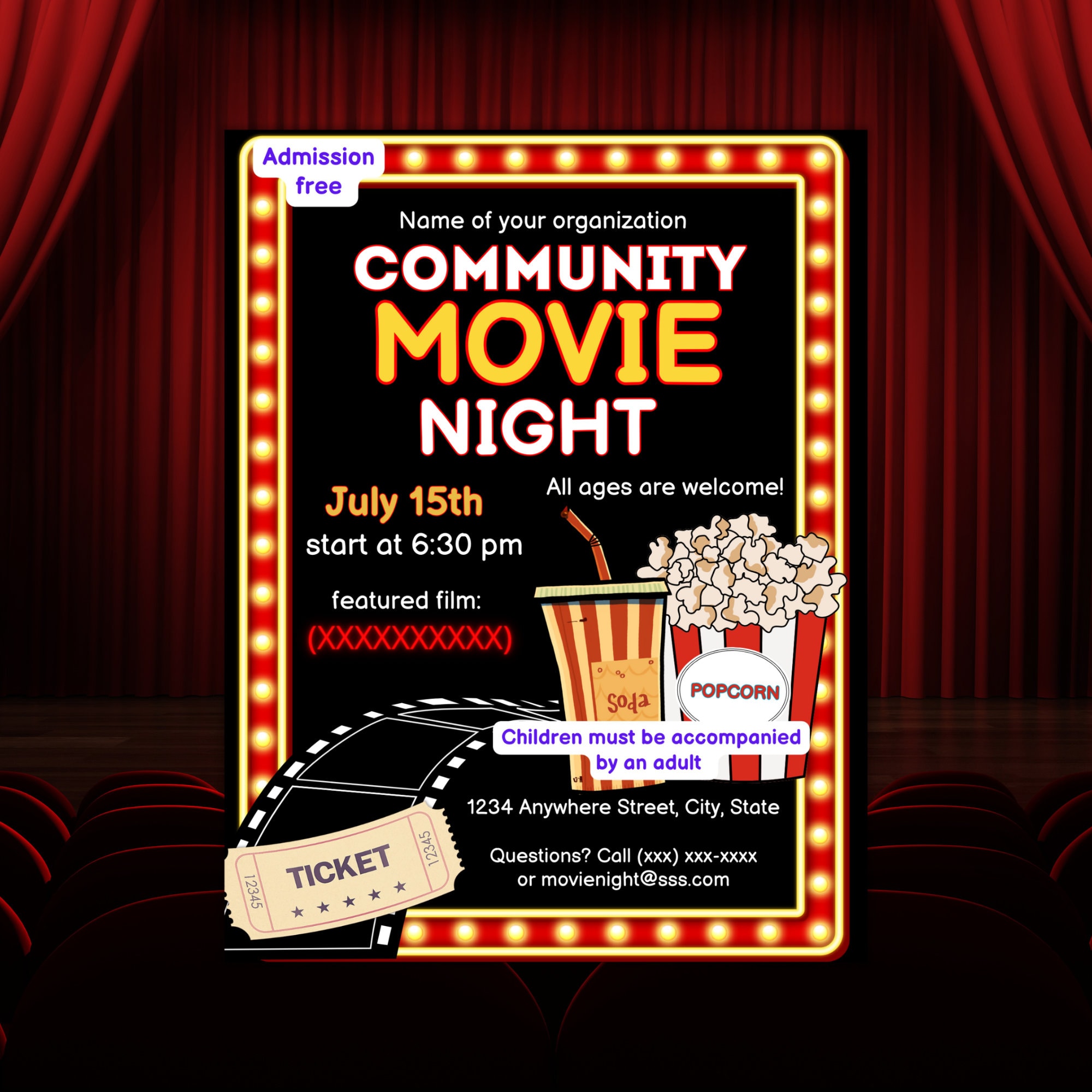 Community Movie Night Flyer School Fundraiser Cinema Film Invite Movie ...