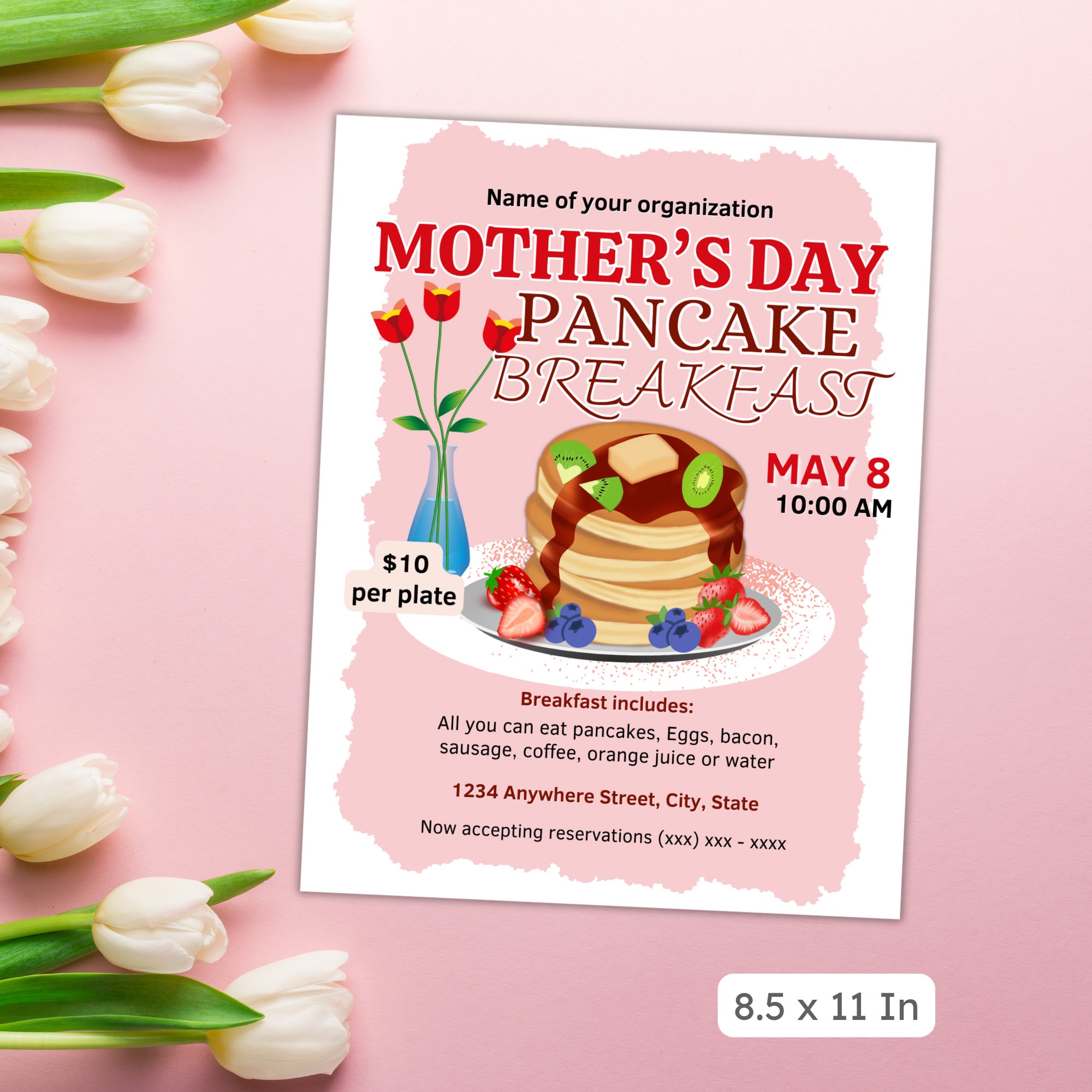 Mother's Day Pancake Breakfast Flyer, School Pto Pta, Breakfast With ...