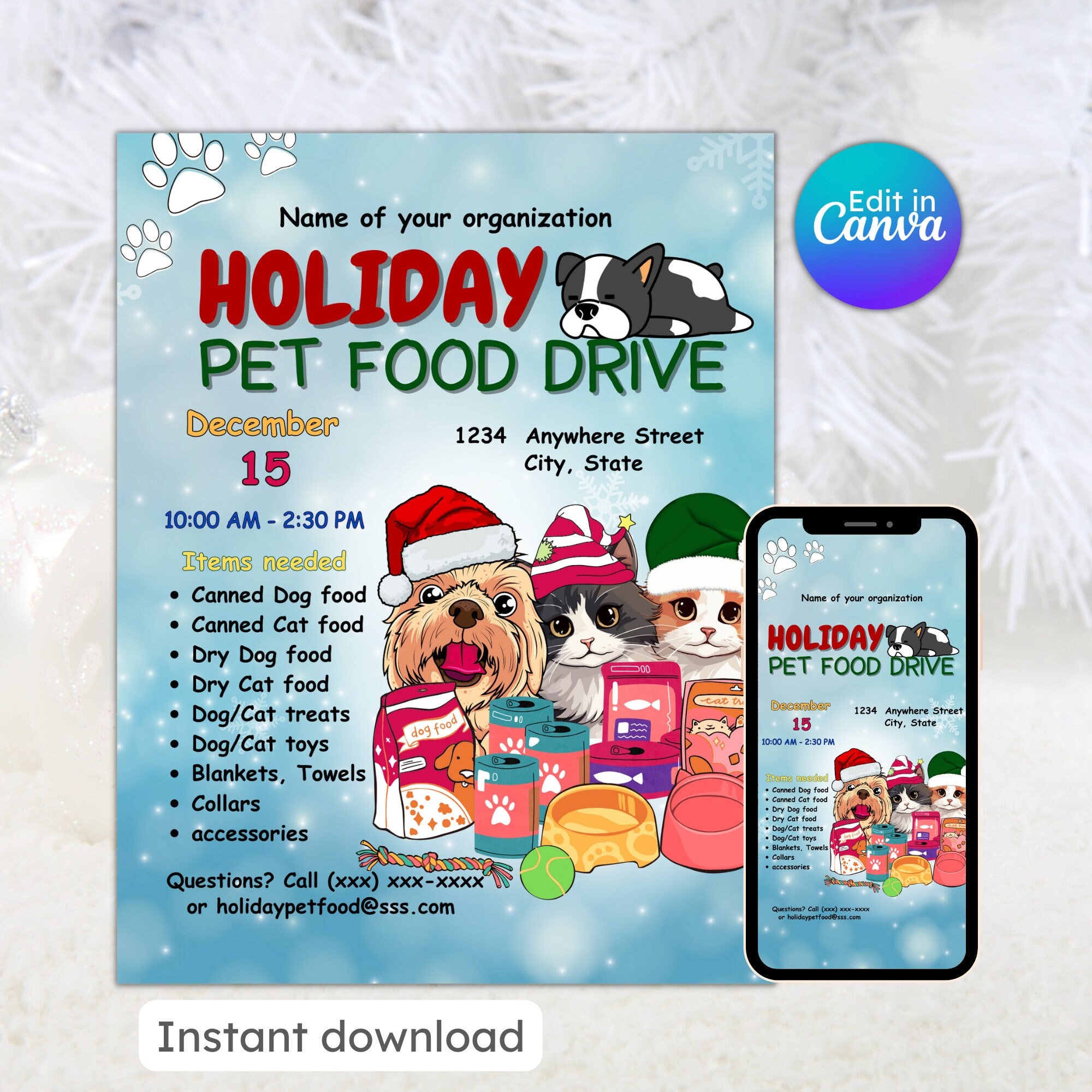 Holiday Pet Food Drive Flyer Animal Shelter Christmas Food Pet Flyer ...