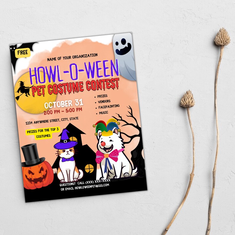 Howl-o-ween Pet Costume Contest Flyer, Halloween Dog, Pet Costume, It's ...