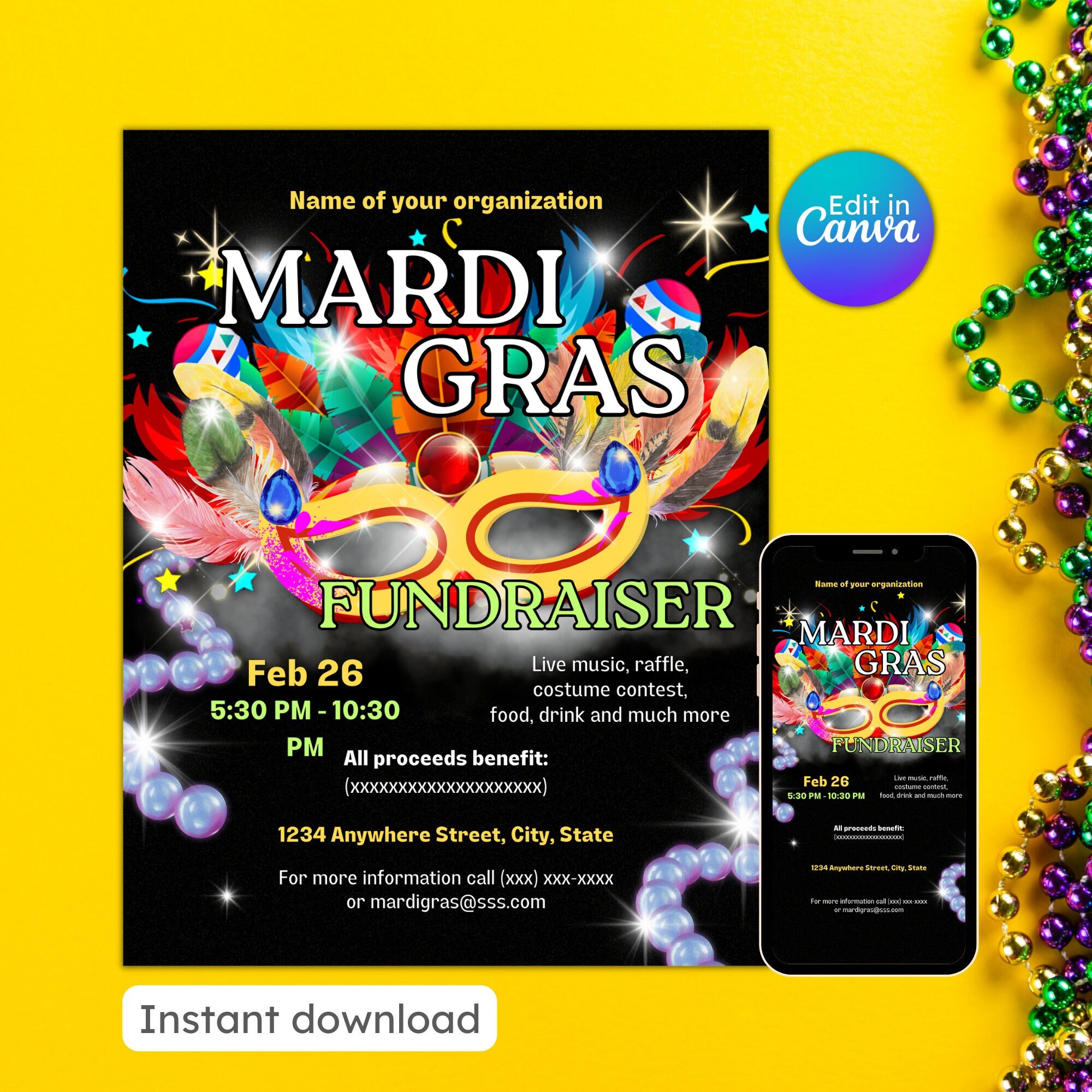 Mardi Gras Fundraiser Flyer Masquerade Ball Formal Gala Event School ...
