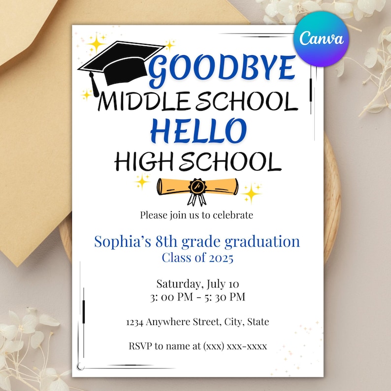 Goodbye Middle School Invitation, 8th Grade Graduation, High School ...