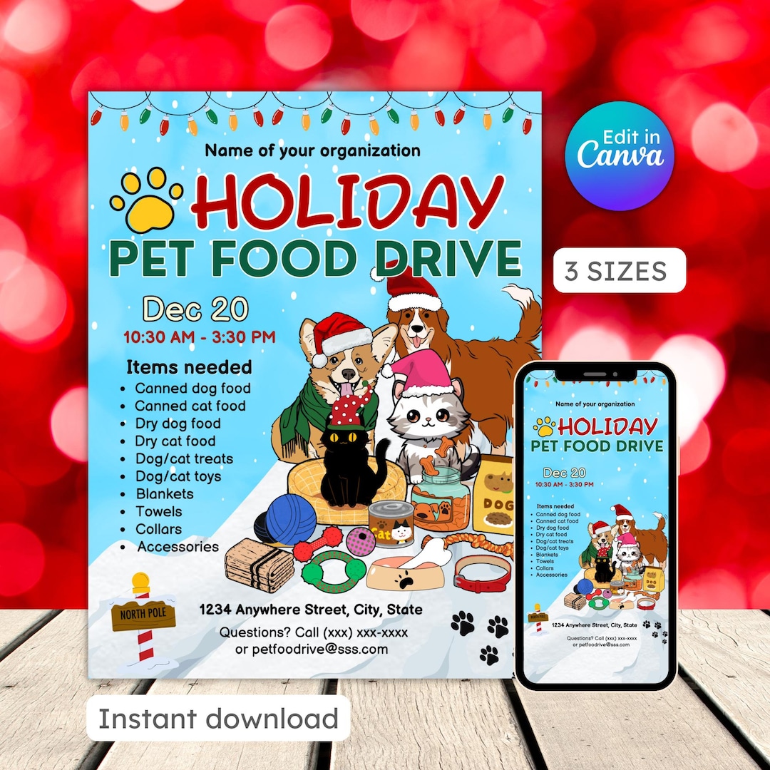 Holiday Pet Food Drive Flyer Puppy Adopt Doggy Animal Rescue Christmas ...