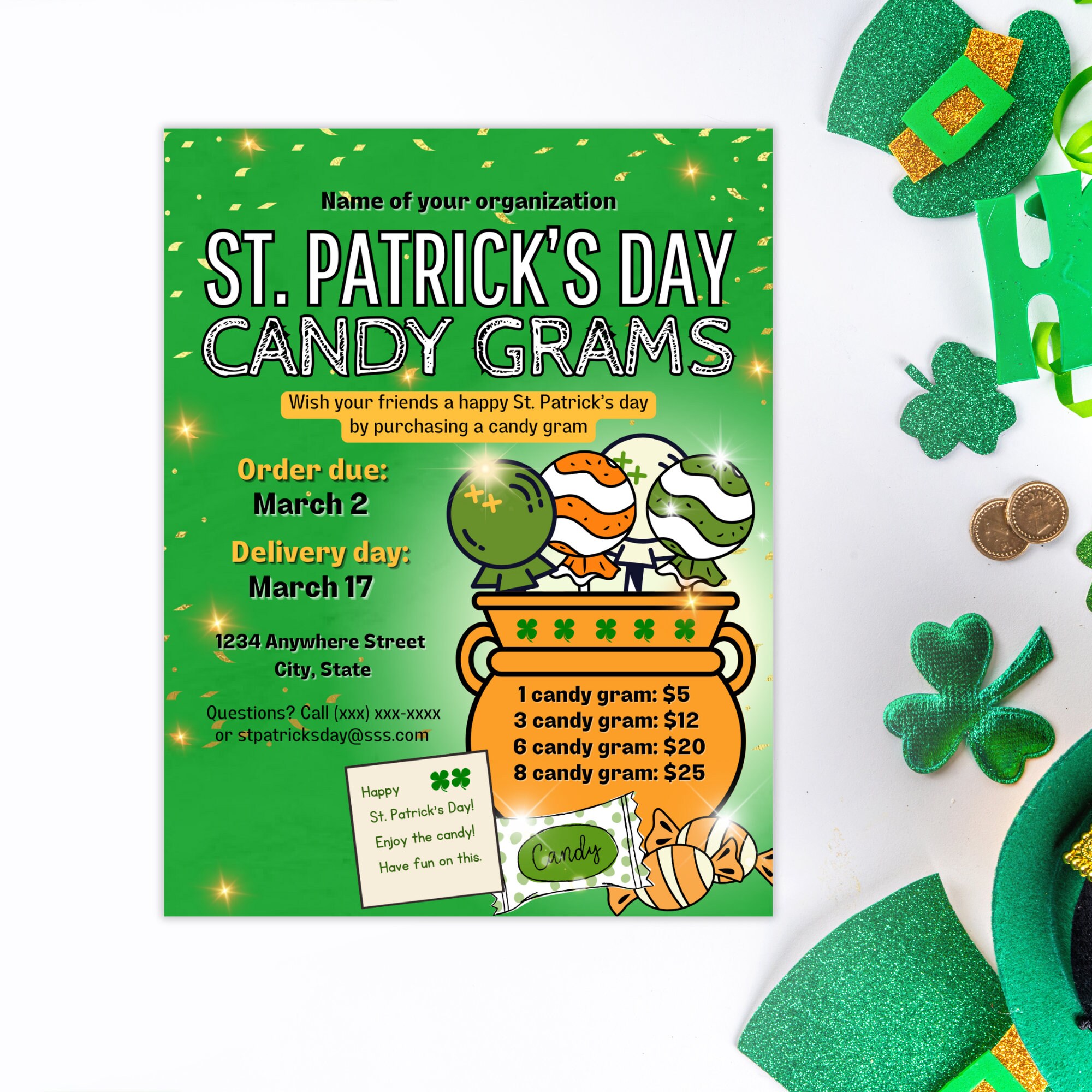 St. Patrick's Day Candy Grams Flyer, Fundraiser Template, Family School ...