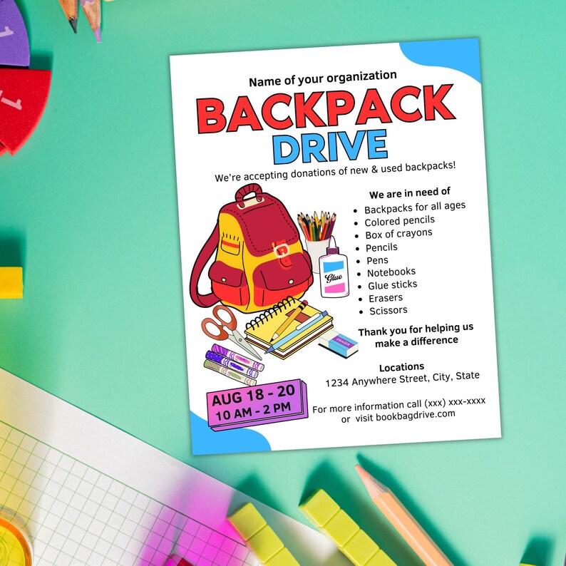 Backpack Drive Flyer Back to School Meet Teacher First Day School ...