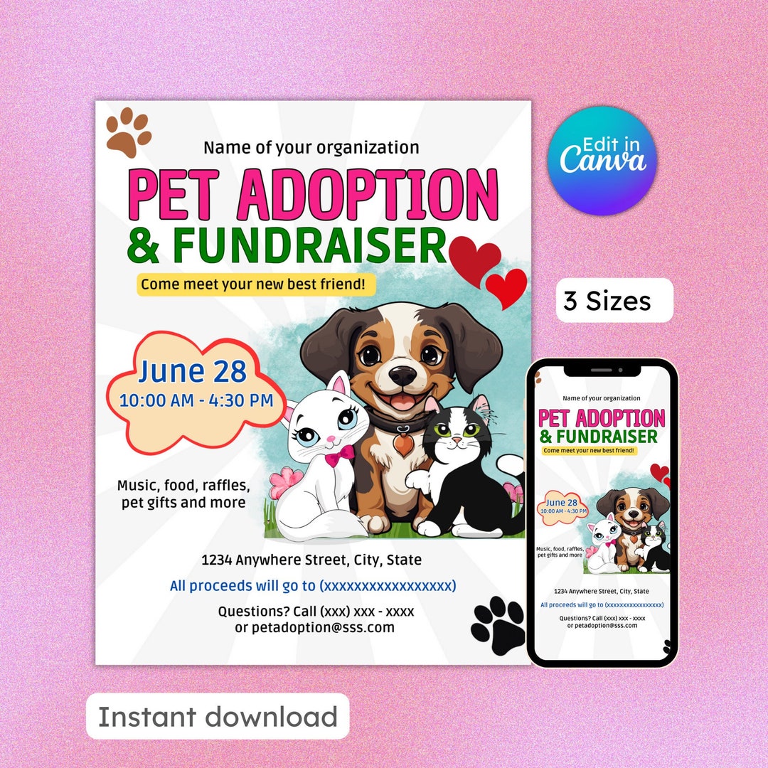 Pet Adoption & Fundraiser Flyer Animal Rescue Charity Event Invite ...