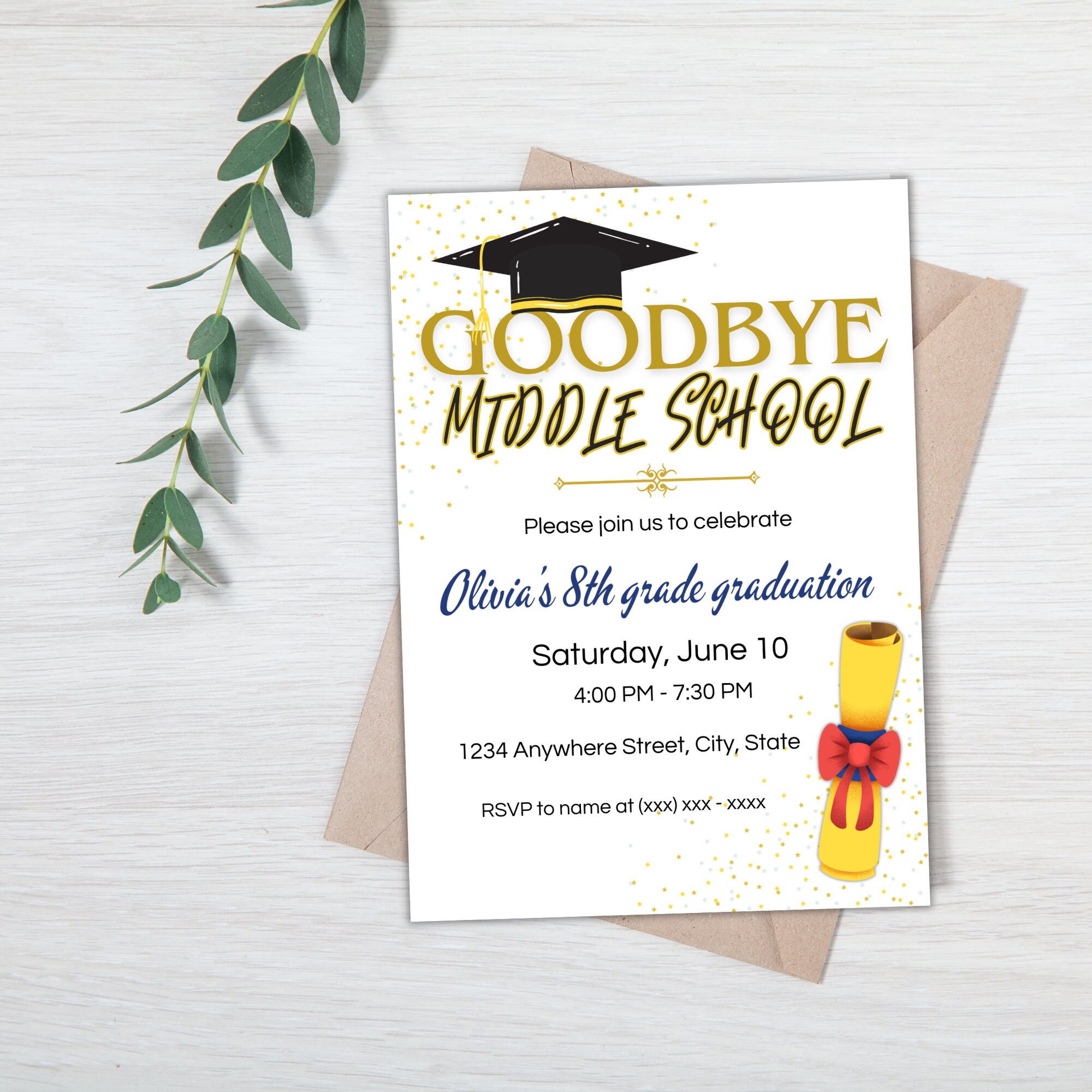 Goodbye Middle School Graduation Invitation, Grad Party, 8th Grade ...