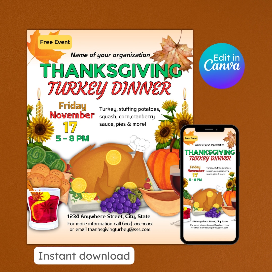Thanksgiving Turkey Dinner Flyer, Eat Drink Thankful, Friendsgiving ...