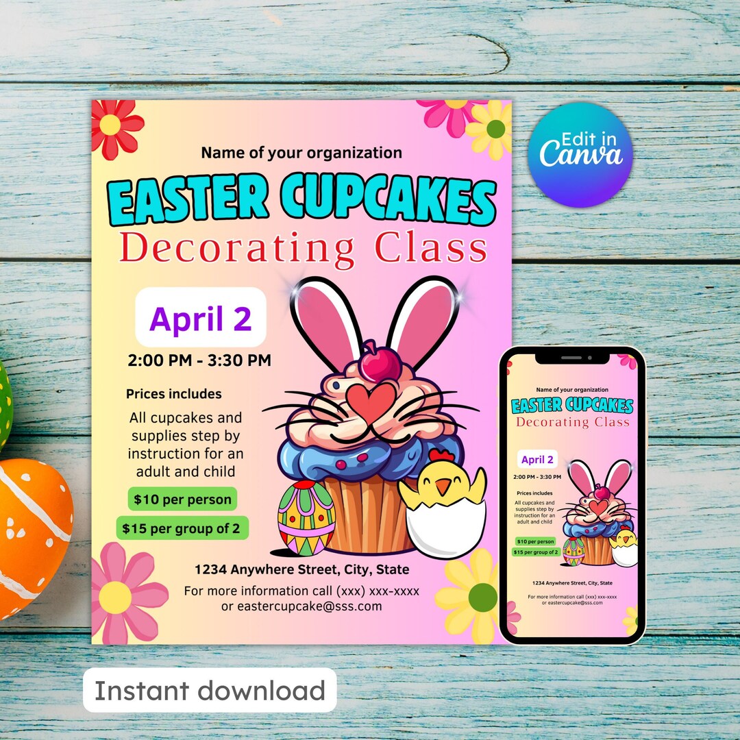 Easter Cupcakes Decorating Class Flyer High School Reunion Spring ...
