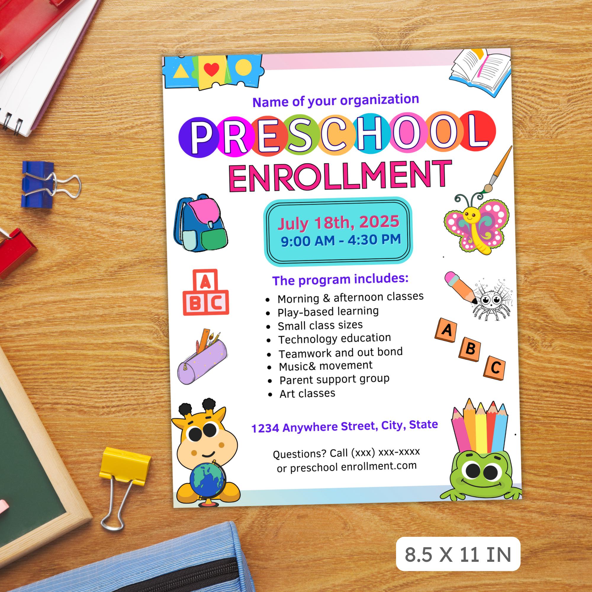 Editable Preschool Enrollment Flyer: Open House, Back to School ...