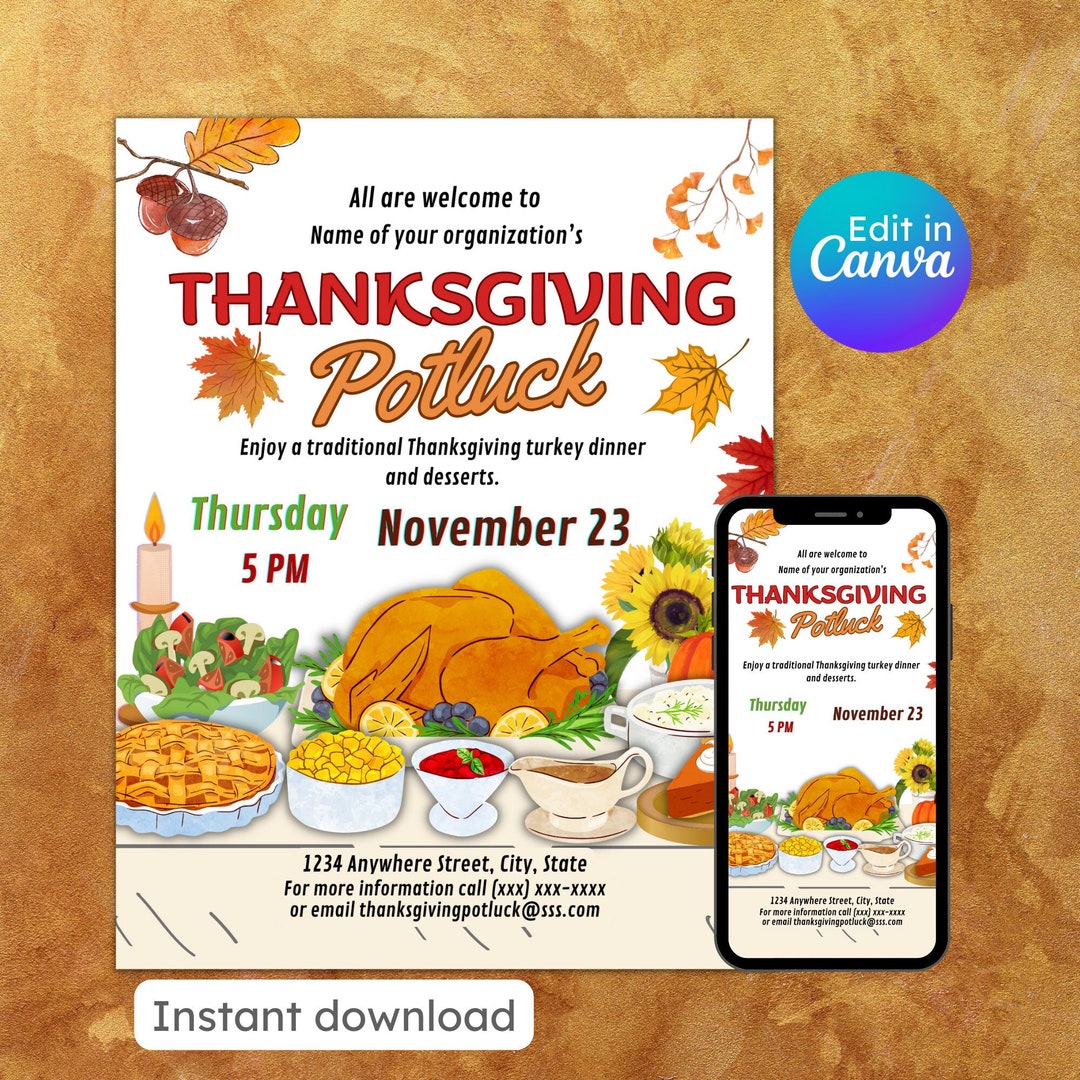 Thanksgiving Potluck Flyer Dinner Invite Friendsgiving Party School ...