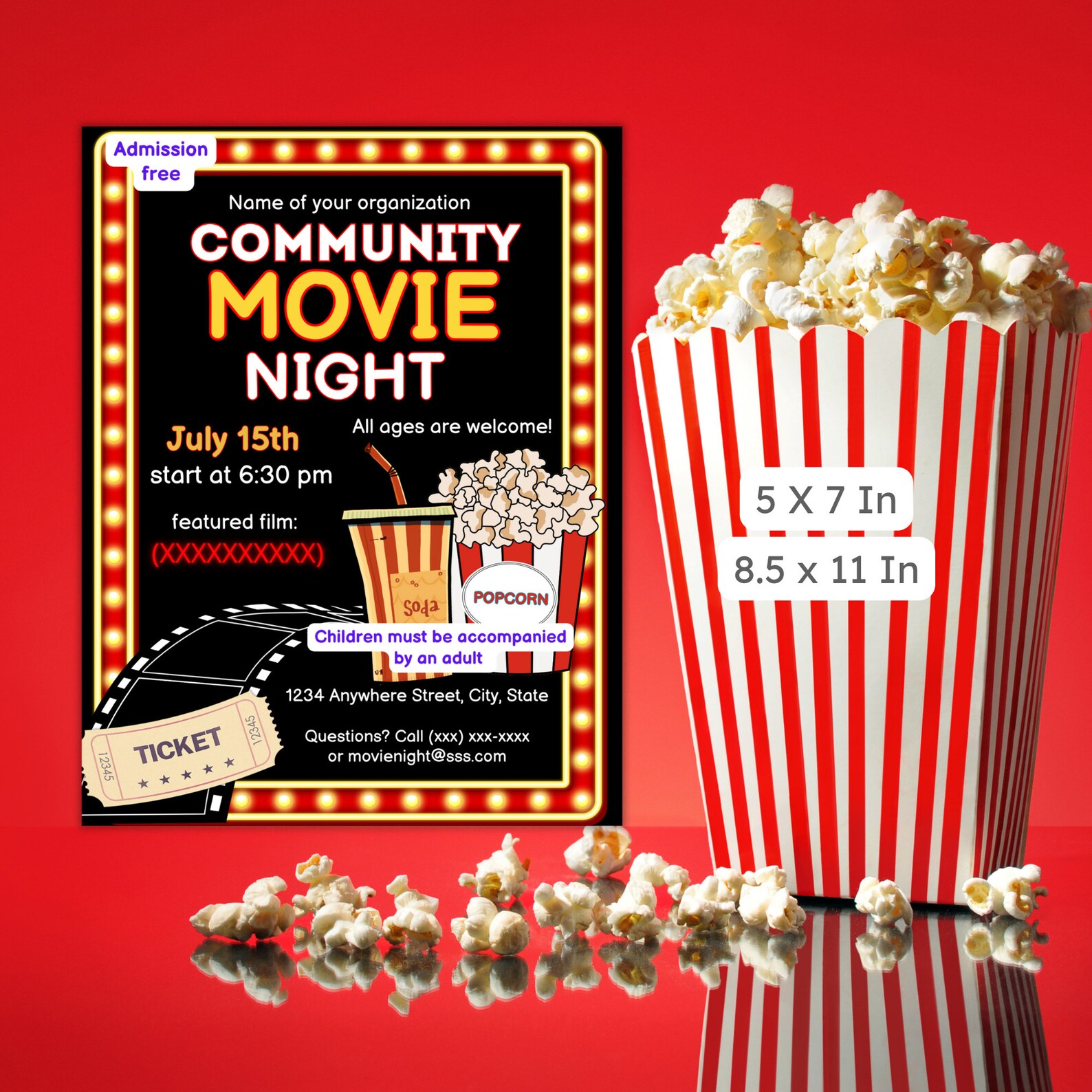 Community Movie Night Flyer, School Fundraiser, Cinema Film Invite ...