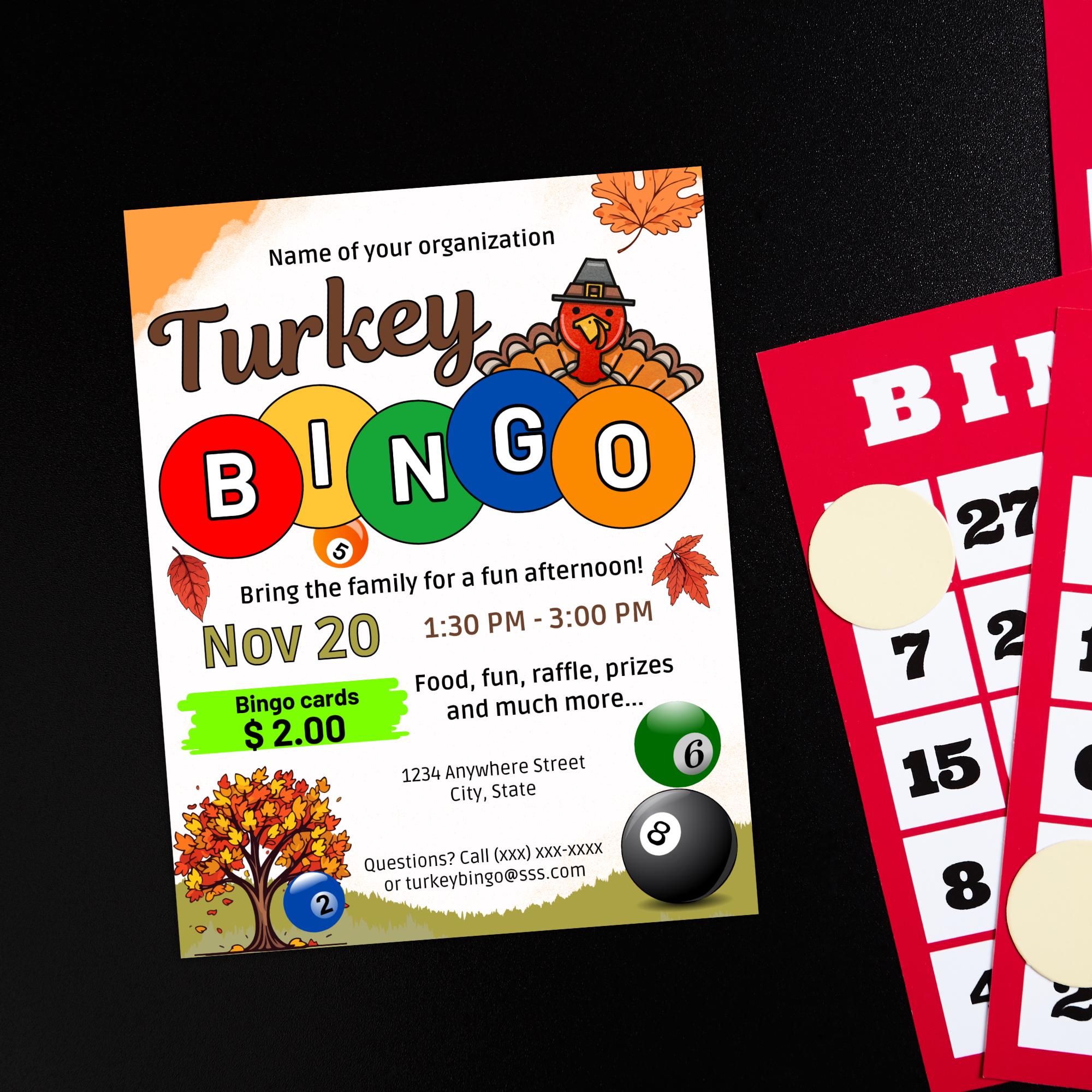 Turkey Bingo Flyer, Thanksgiving Game Night Invite, Pta Pto Template ...