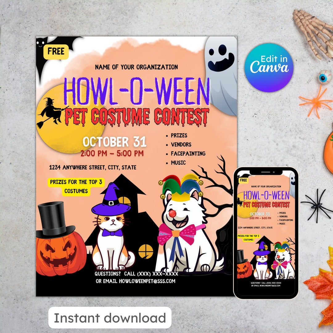 Howl-o-ween Pet Costume Contest Flyer, Halloween Dog, Pet Costume, It's ...