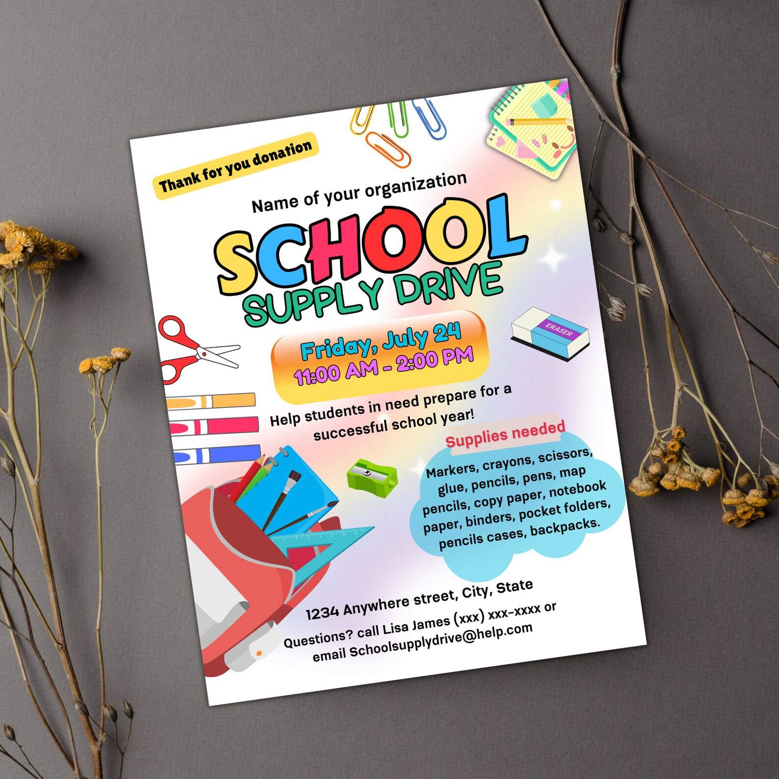 School Supply Drive Flyer, Back to School, Pto Pta Flyer, Fundraiser ...