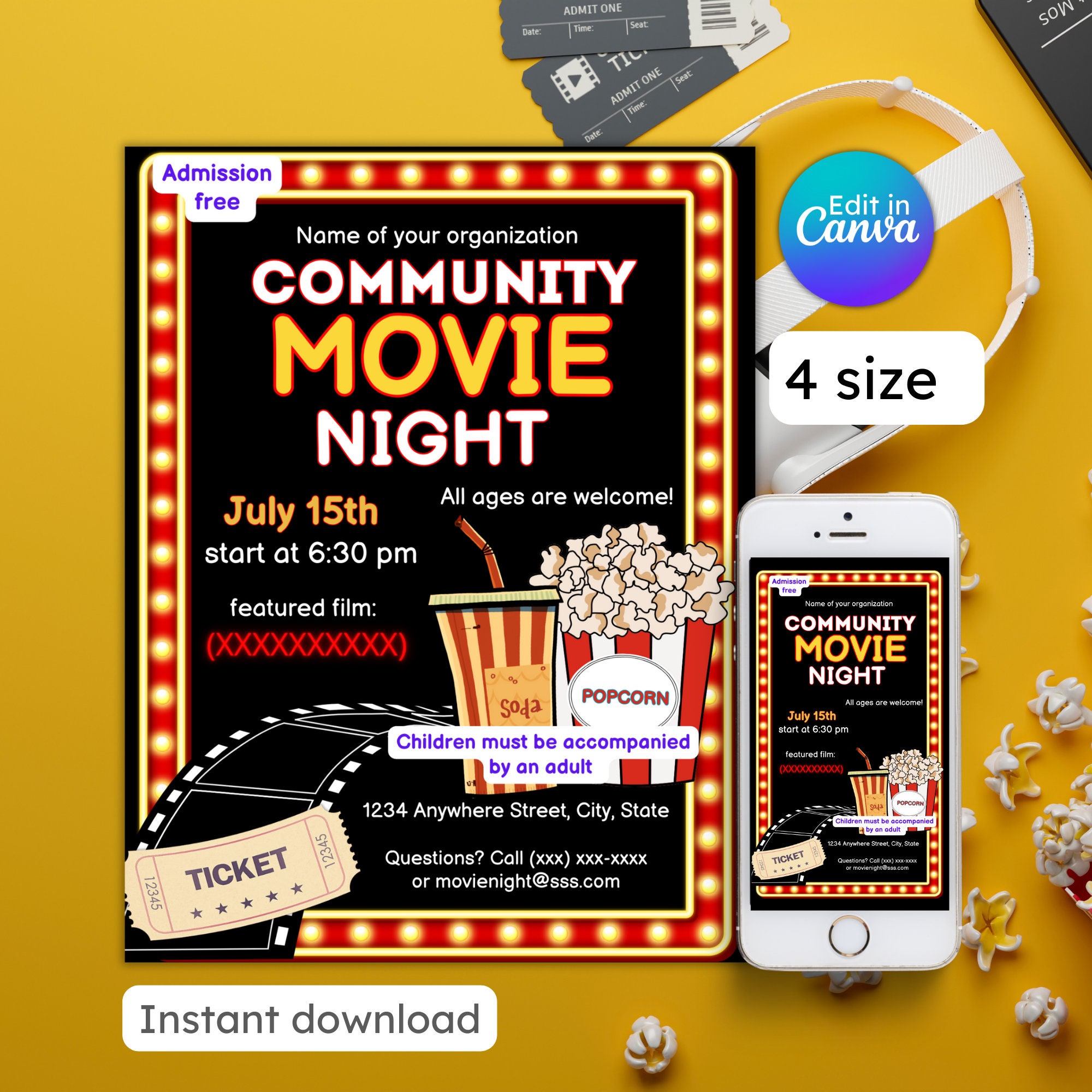 Community Movie Night Flyer School Fundraiser Cinema Film Invite Movie ...