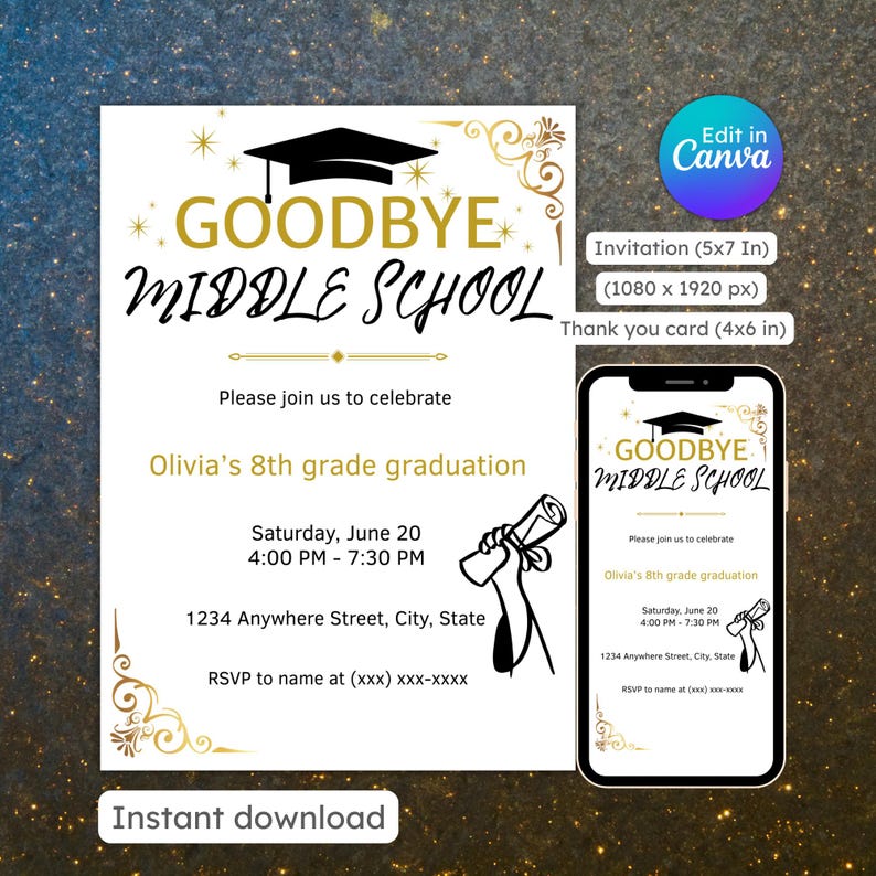 Goodbye Middle School Invitation, Graduation Party, Grad Announcement ...