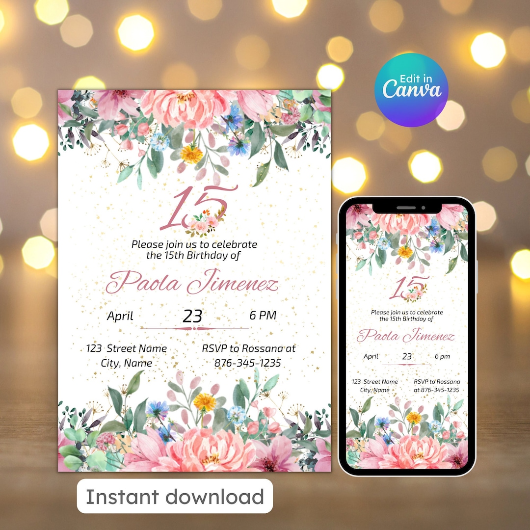 Fifteen Birthday Invitation 15 Year Old Birthday Quinceañera Invite ...