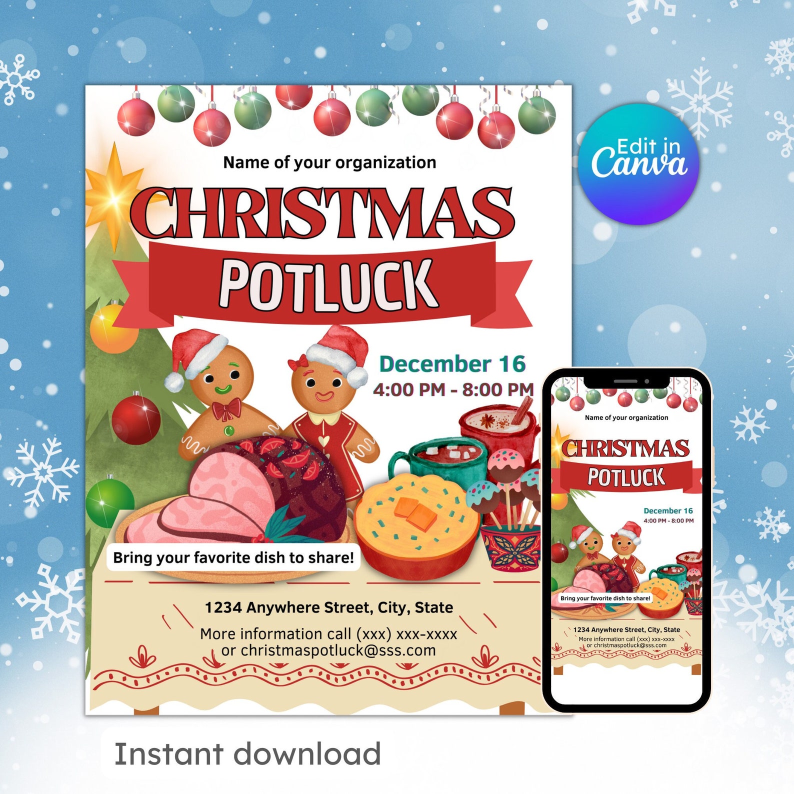 Christmas Potluck Flyer, Holiday Potluck, Neighborhood Party, Church ...