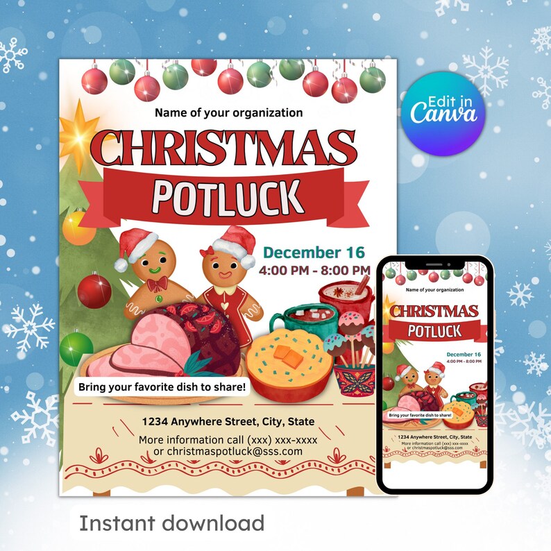 Christmas Potluck Flyer, Holiday Potluck, Neighborhood Party, Church ...