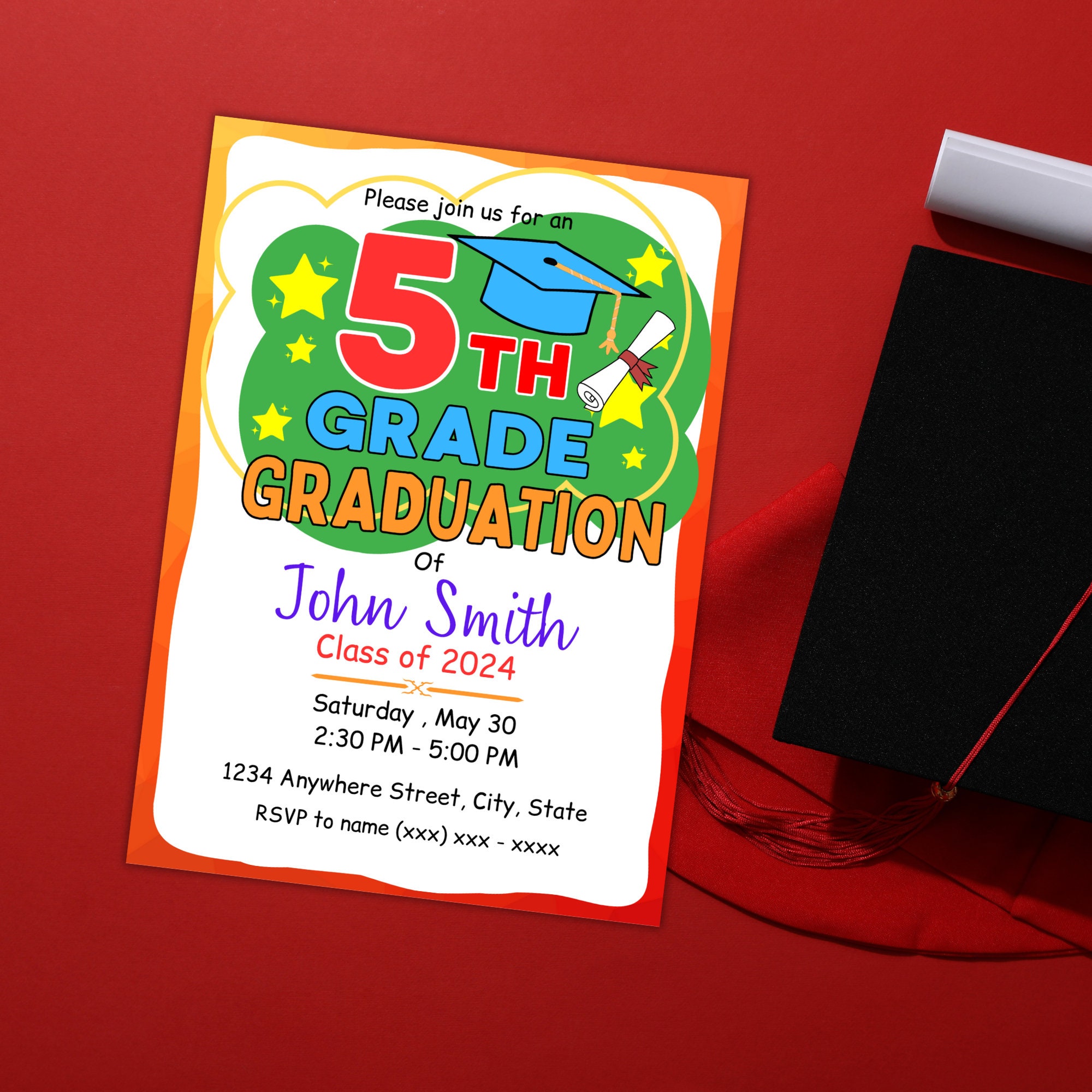 Editable 5th Grade Graduation Invitation: Colorful Class of 2024 ...