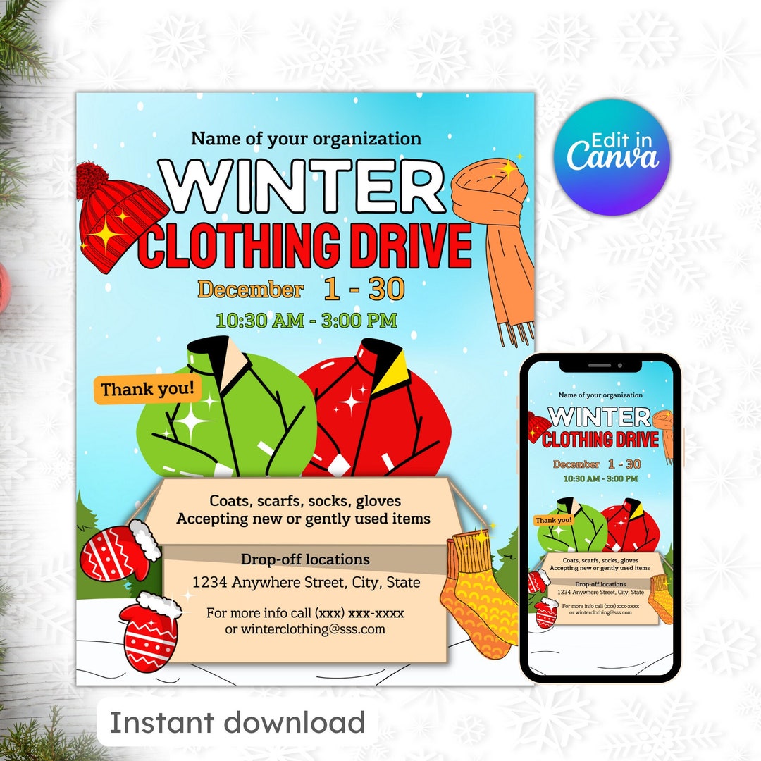 Winter Clothing Drive Flyer Charity Event Invite School Fundraiser Cold ...