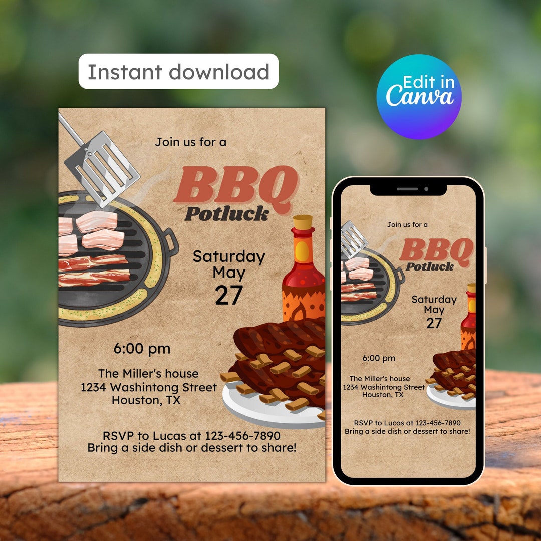 BBQ Potluck Invitation Fathers Day Invite Grill and Chill Backyard Bbq ...