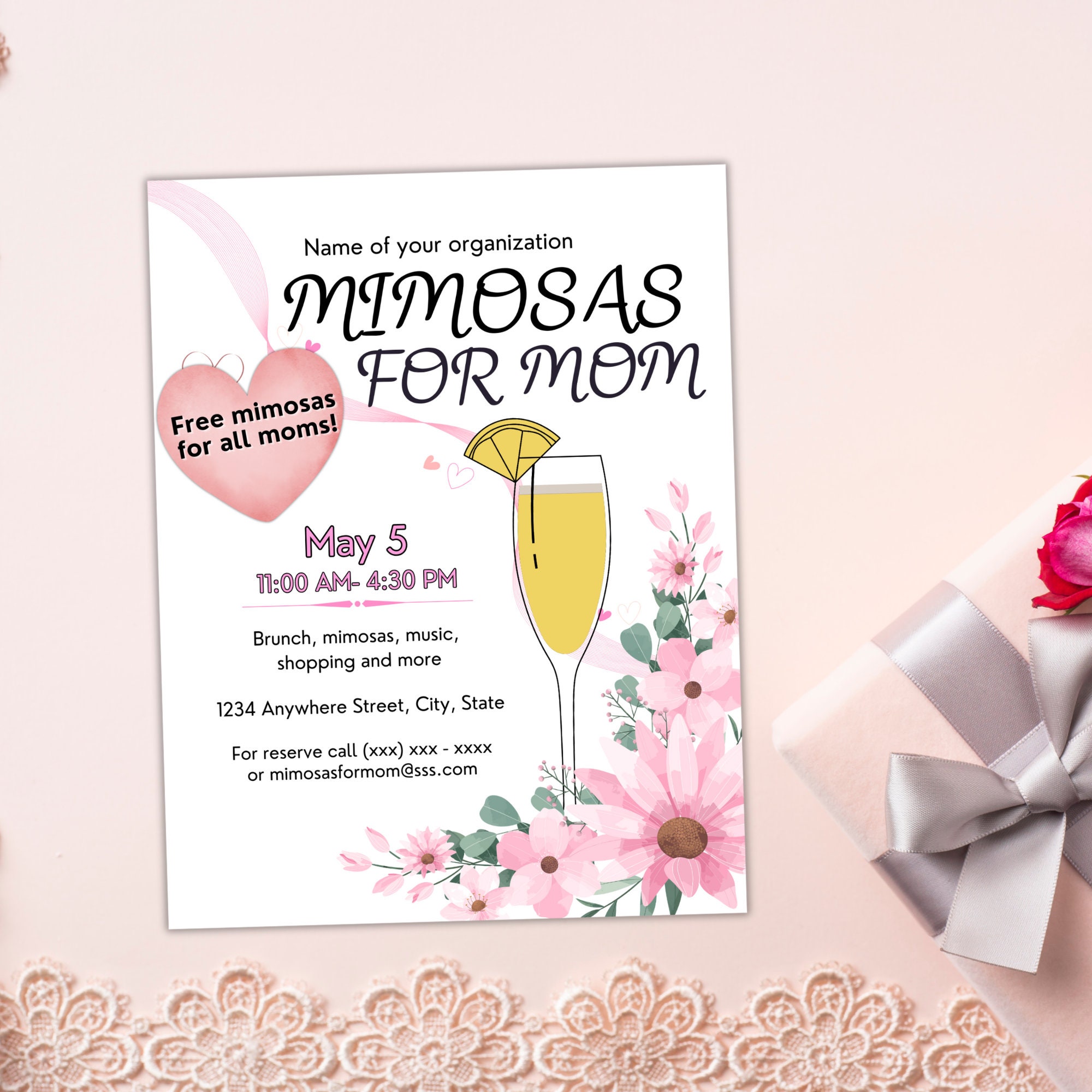 Mimosas for Mom Flyer, Mother's Day Brunch, Happy Mother's Day, Floral ...