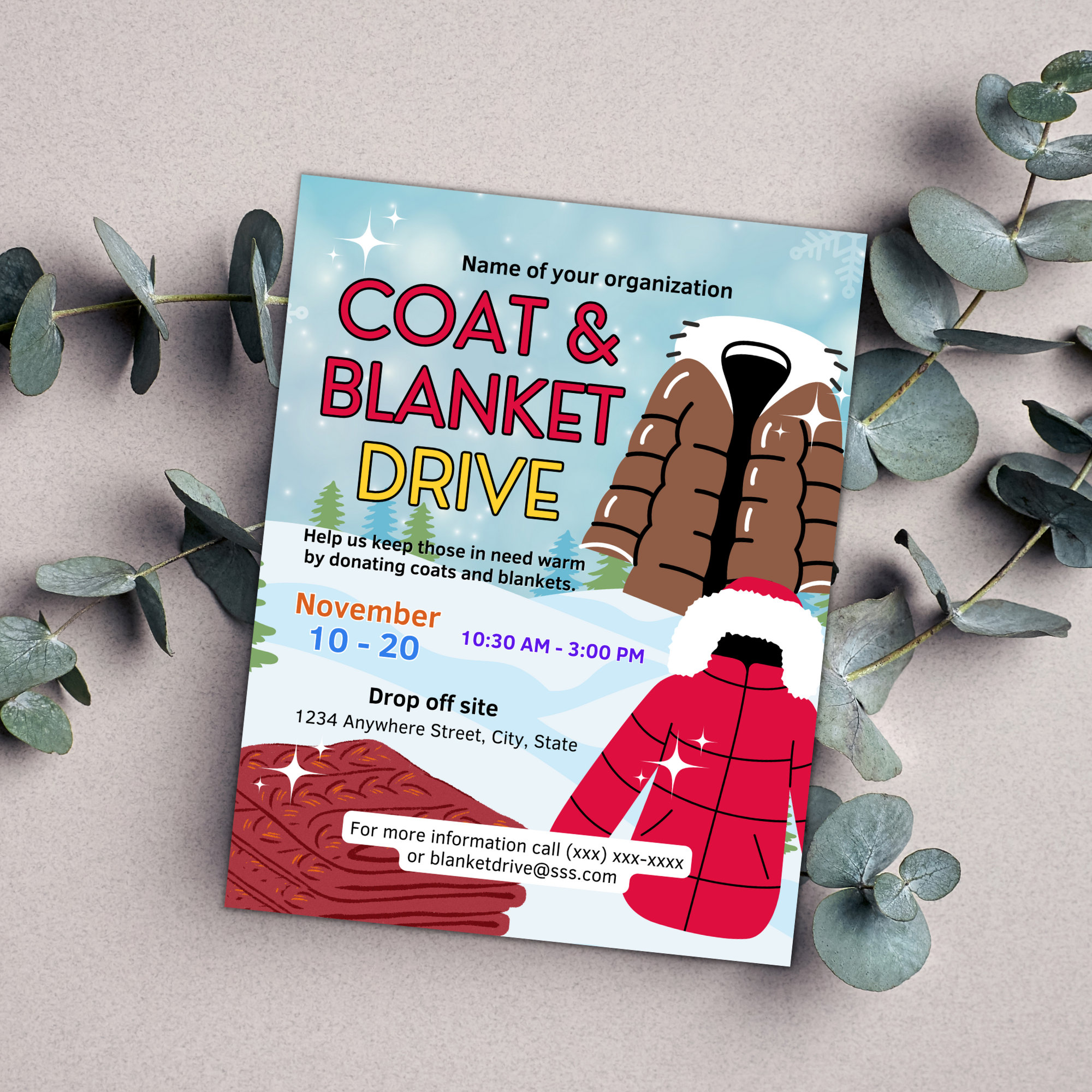 Coat and Blanket Drive Flyer, Winter Clothing, Charity Event, Warm ...
